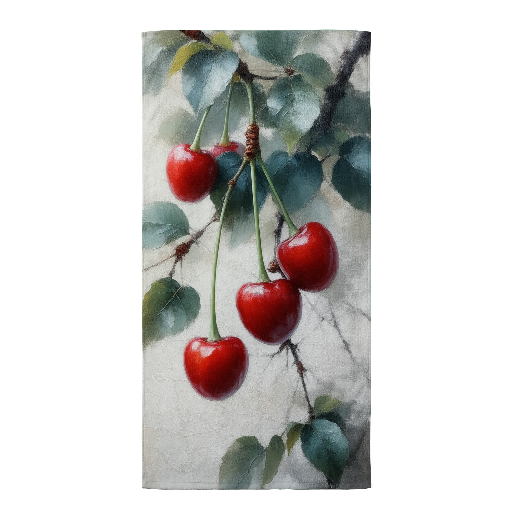 Cherry towels A painting of three cherries hanging from a tree branch ...