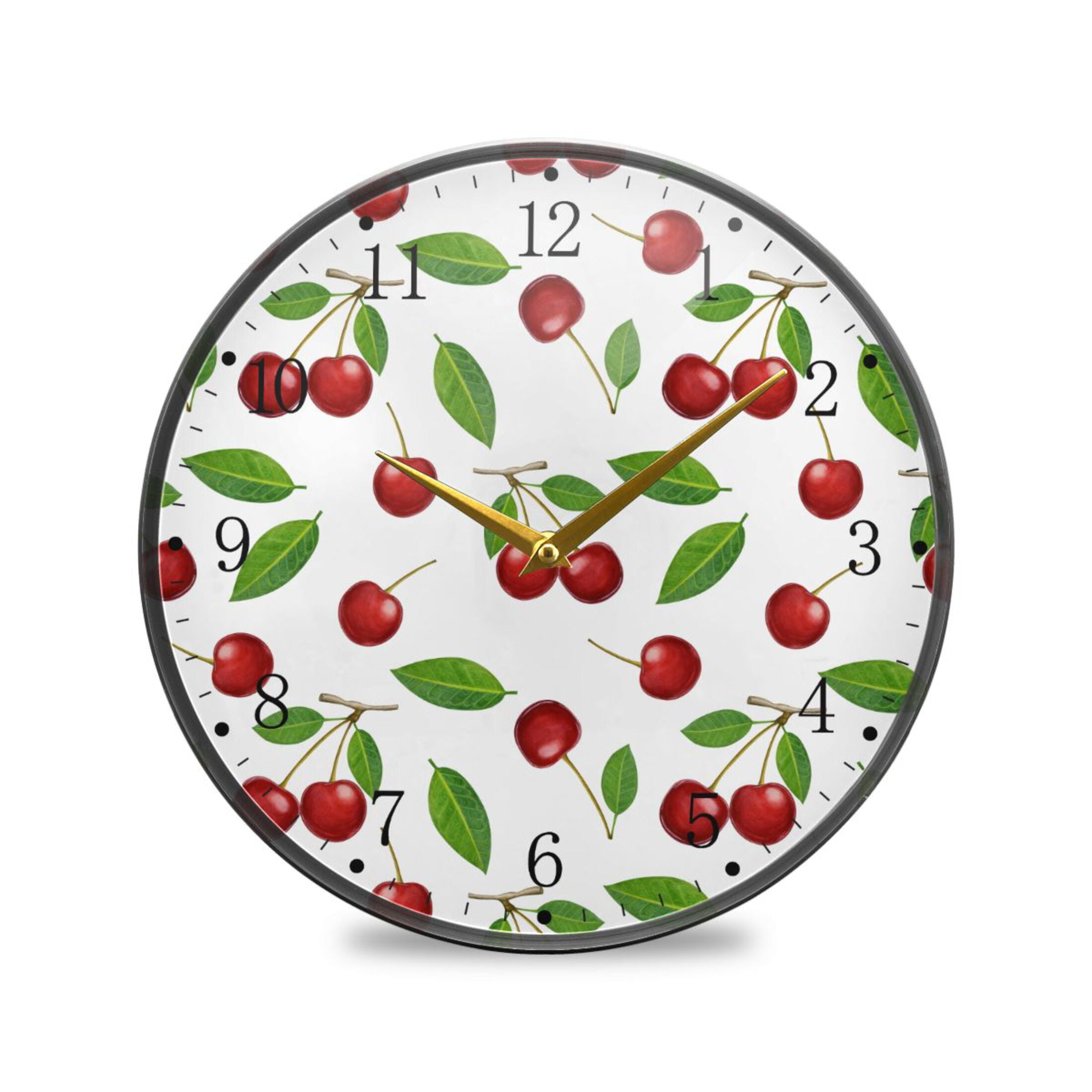 Cherry with Leaves Acrylic Wall Clocks Quiet Round Clock Battery ...