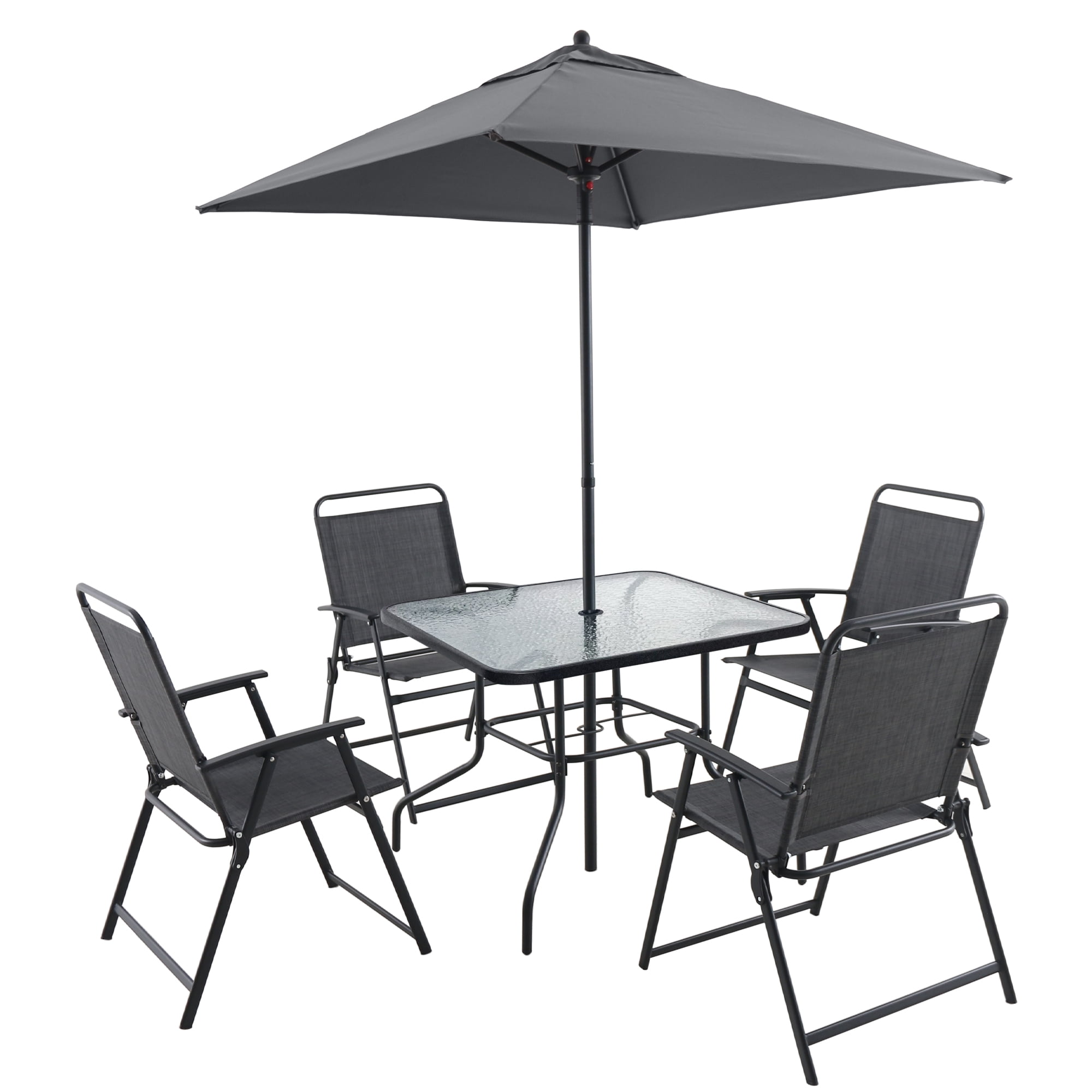 Chery Industrial Outdoor Patio Dining Set with Glass Table, Foldable Chairs and Umbrella, Black ...