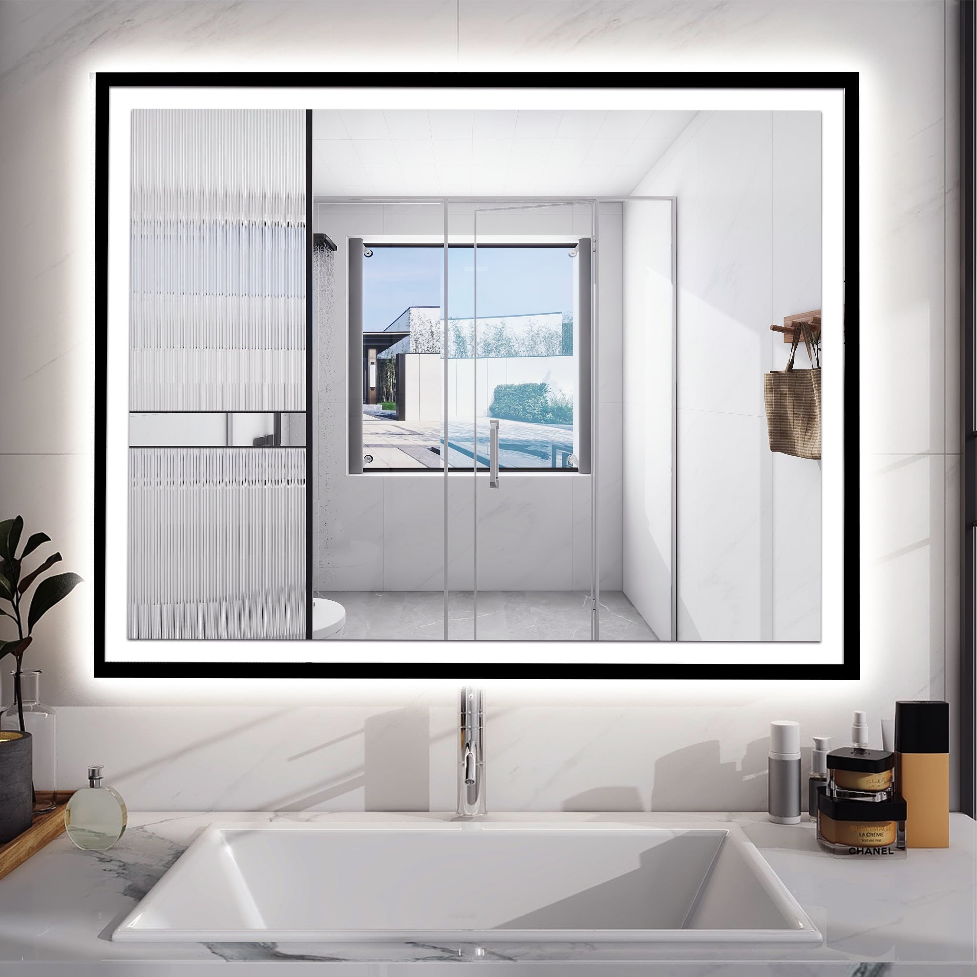 Chery Industrial LED Bathroom Mirror 36x28, Dimmable Framed Vanity ...
