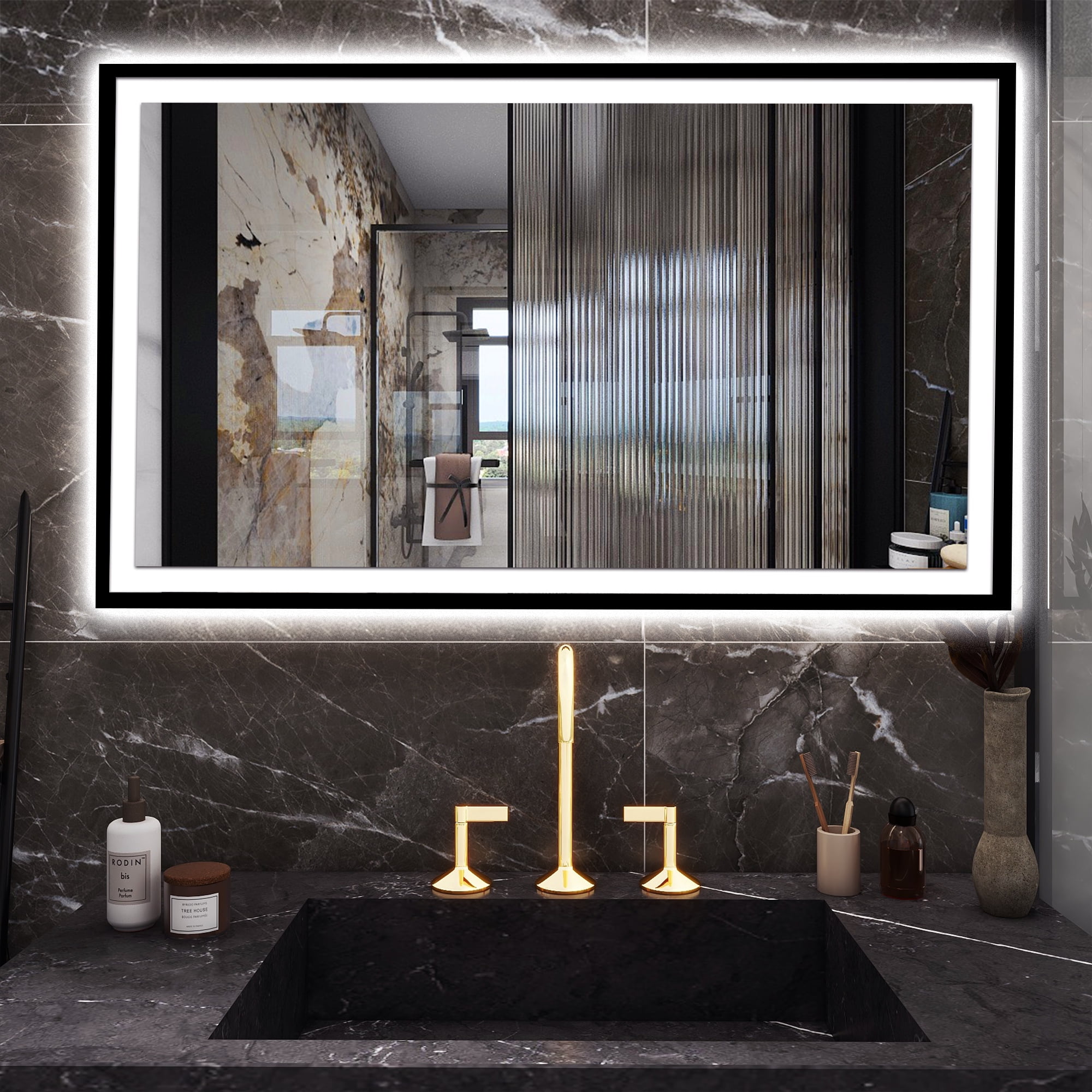 Chery Industrial LED Bathroom Mirror 40x24, Dimmable Framed Vanity ...