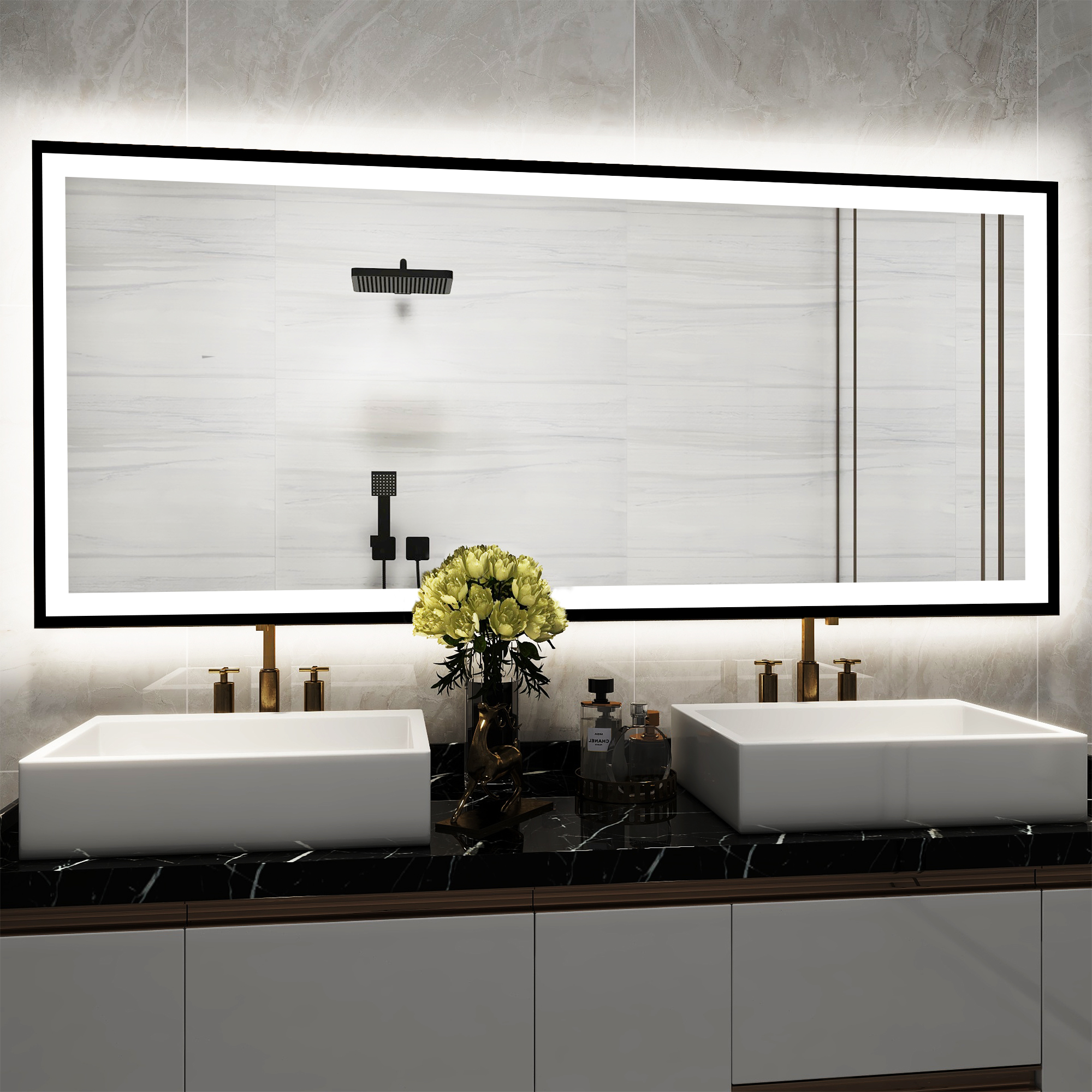 Chery Industrial LED Bathroom Mirror 72x32, Dimmable Framed Vanity ...