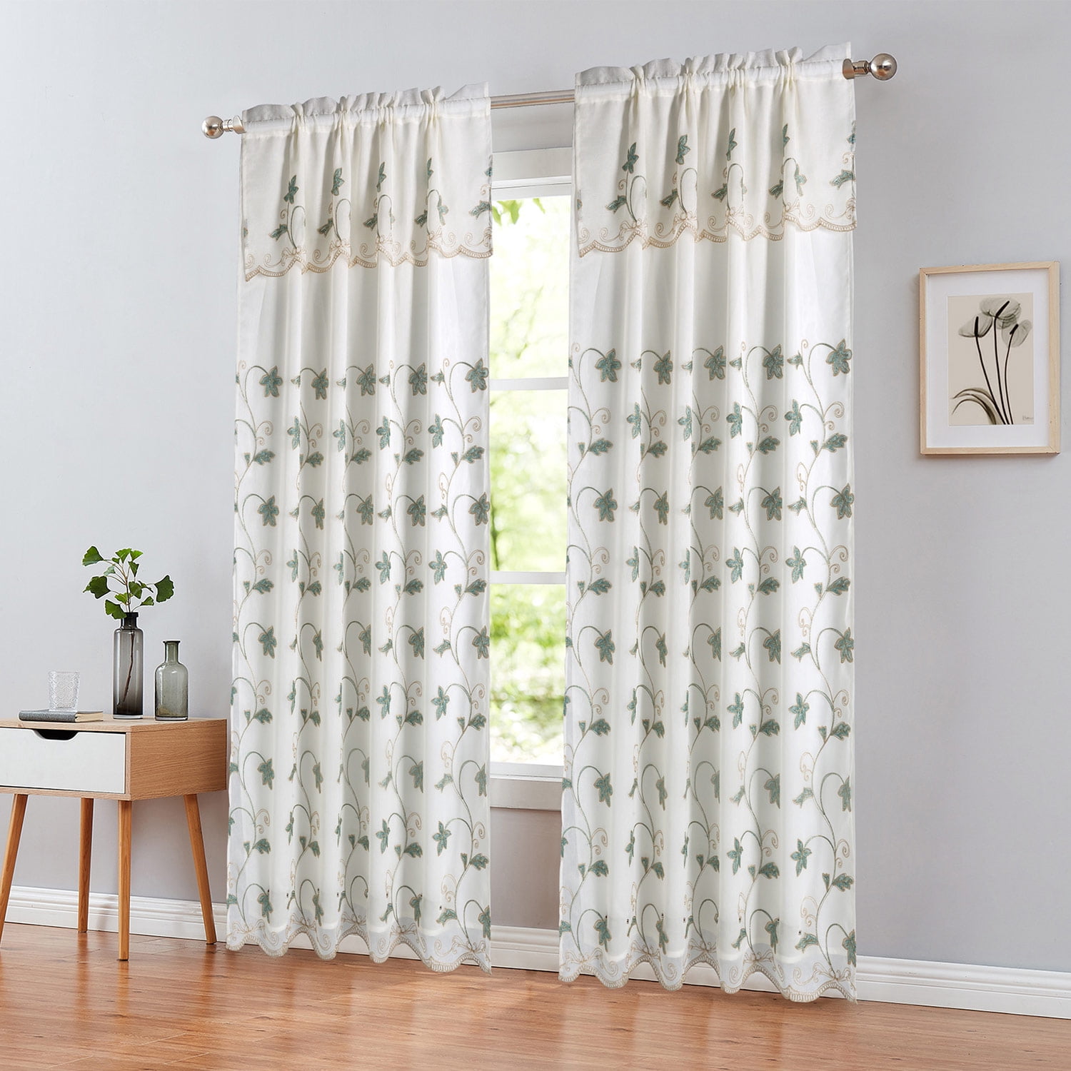 Cheryl Floral Embroidered Window Panel with Attached Valance and ...