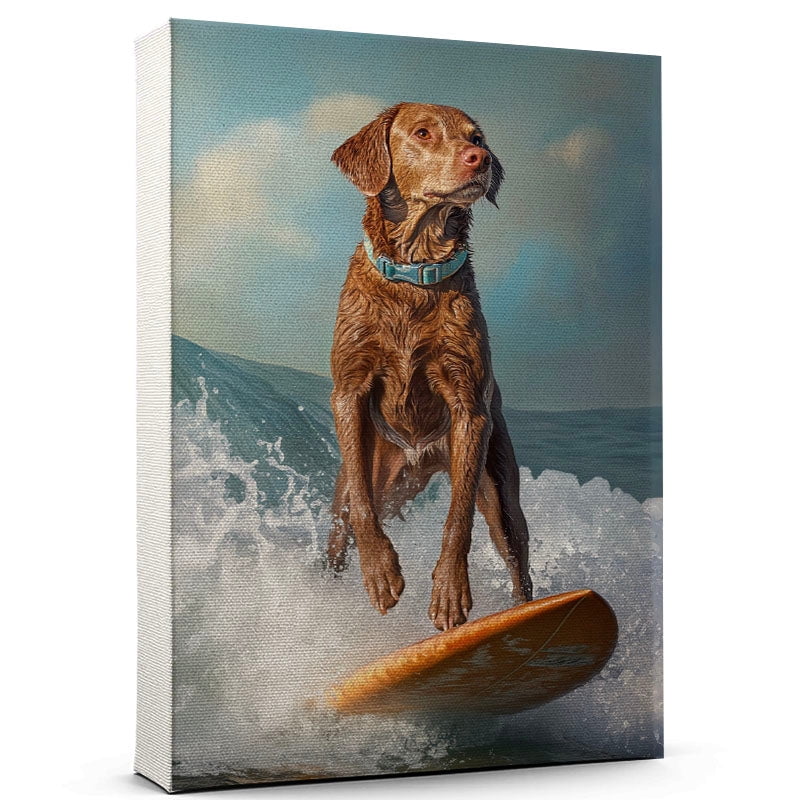 Chesapeake Bay Retriever Dog Playing Surfboard Stretched Canvas Size ...