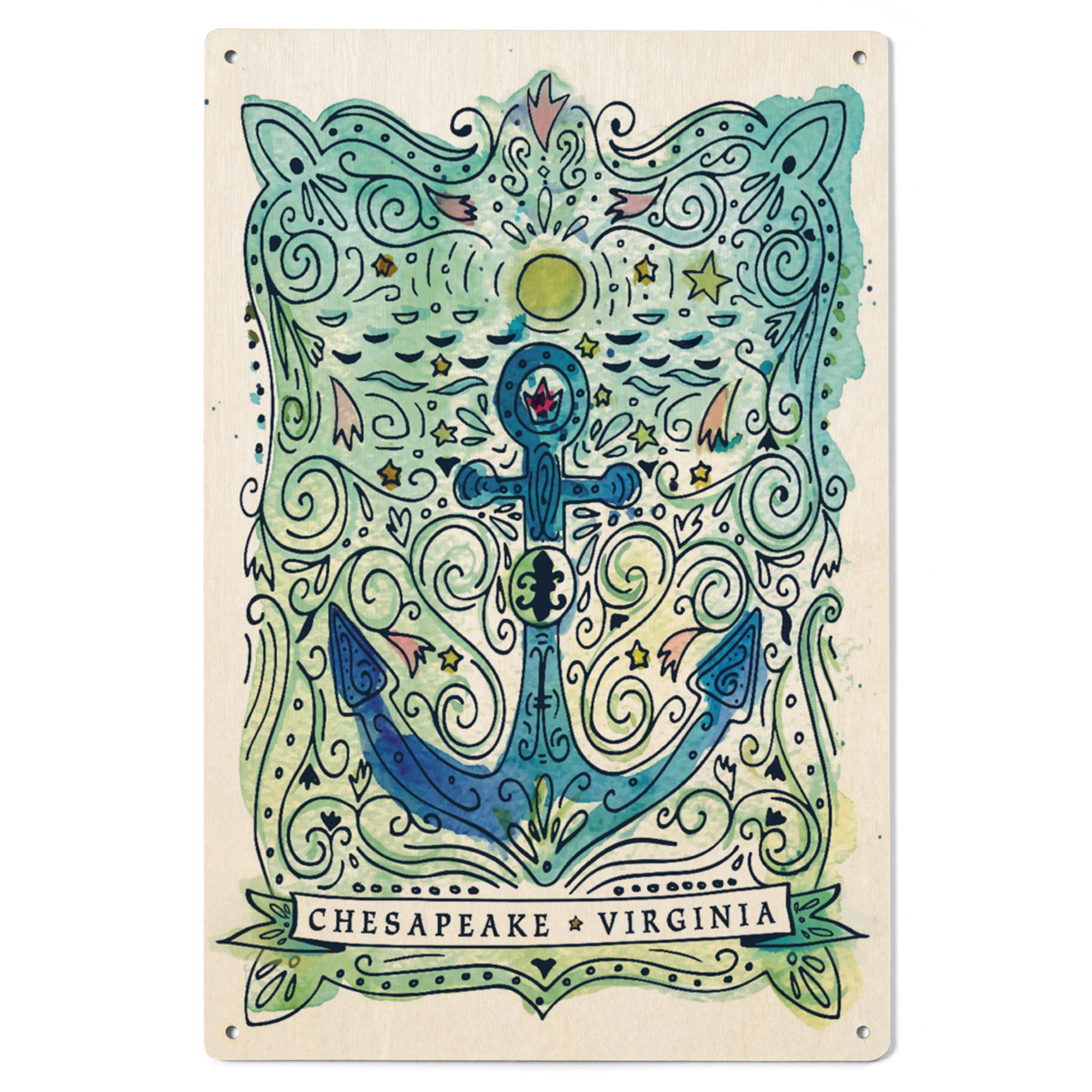 Chesapeake, Virginia, Watercolor Anchor, A Smooth Sea Birch Wood Wall ...