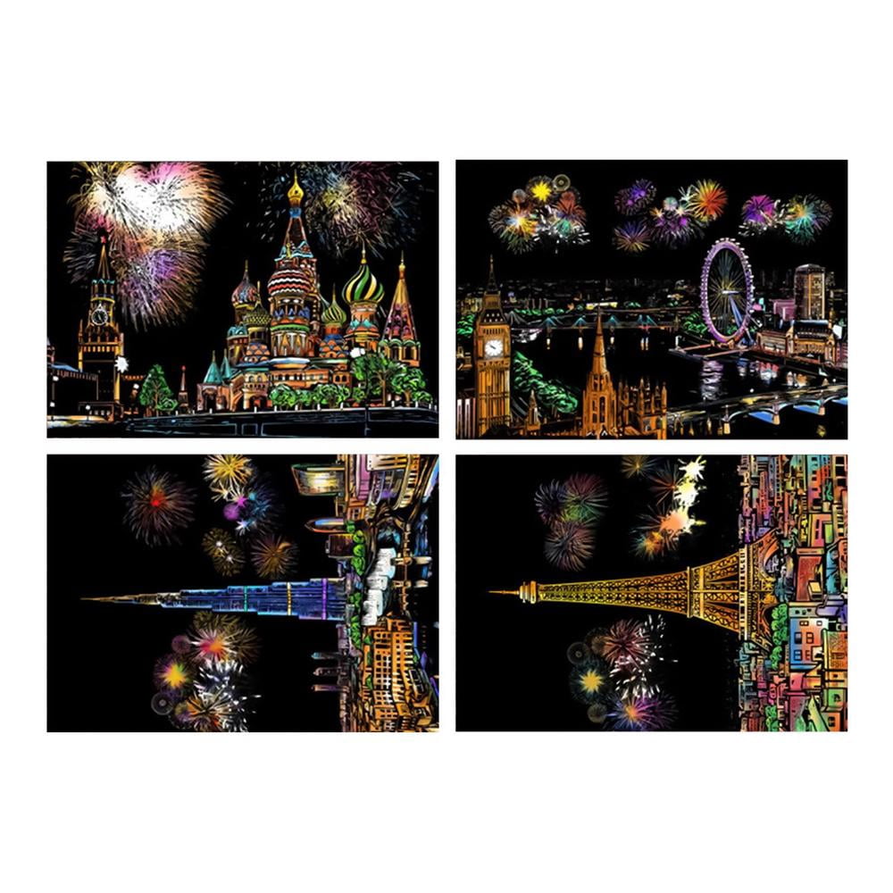 Chesmono Paint By Scratch Kit 4 Sheets Rainbow Engraving Painting ...