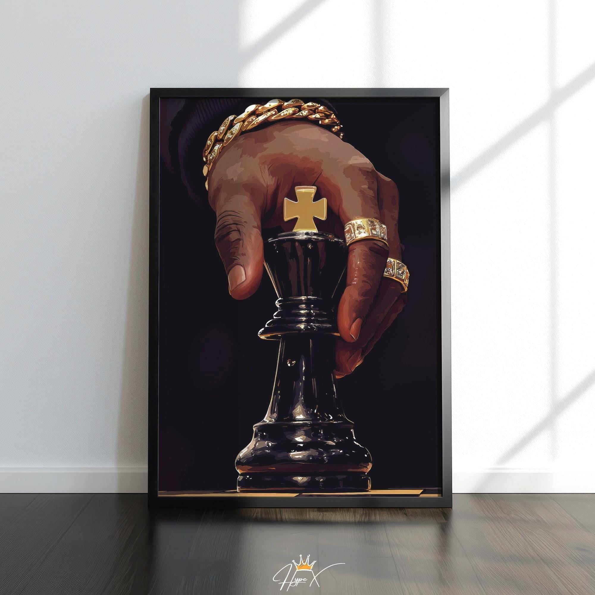 Chess King Black Art Poster, Minimalist Black Man Print, Black Hand ...