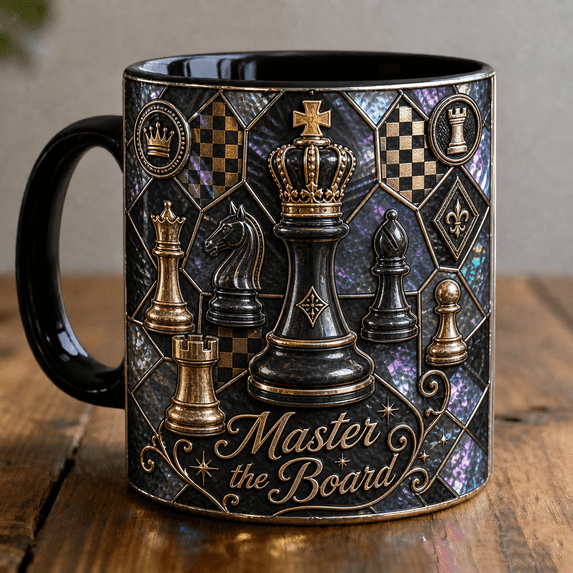 Chess Lover Mug 3D Effect Luxury Black Gold Board Pattern Coffee Cup ...