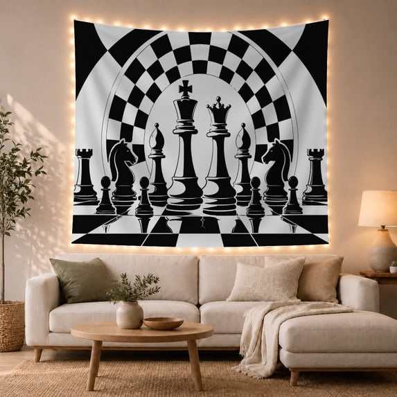 Chess Pieces on Checkered Floor with Circular Archway, Majestic ...
