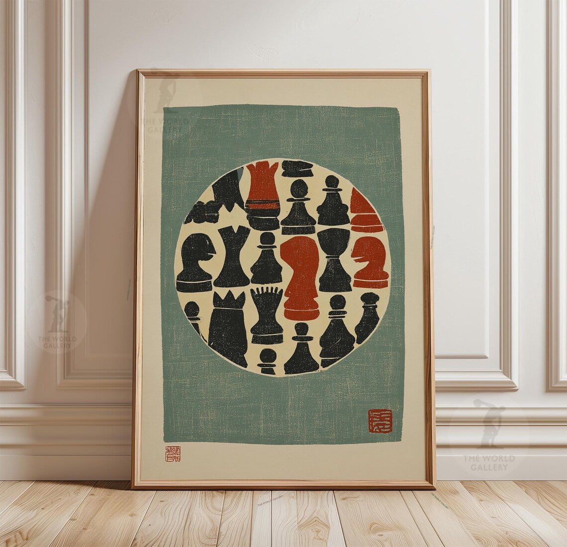 Chess Pieces Circle Sage Green Linocut Paper Poster Strategy Decor ...