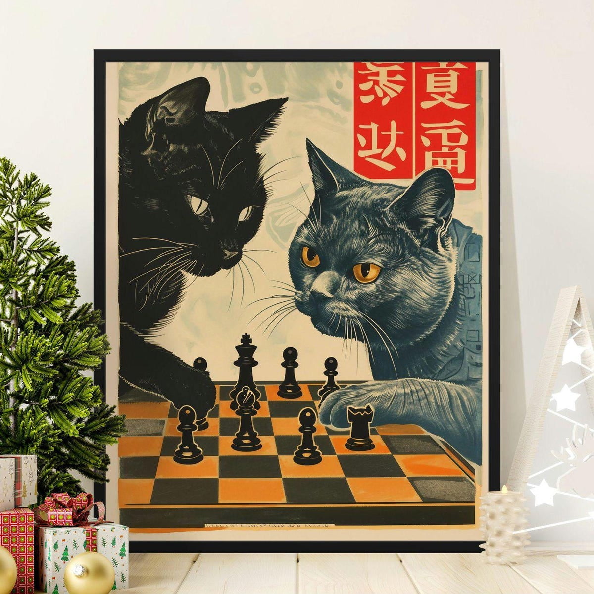 Chess Playing Cats Poster, Whimsical Cat Wall Art, Black Cat and Grey ...