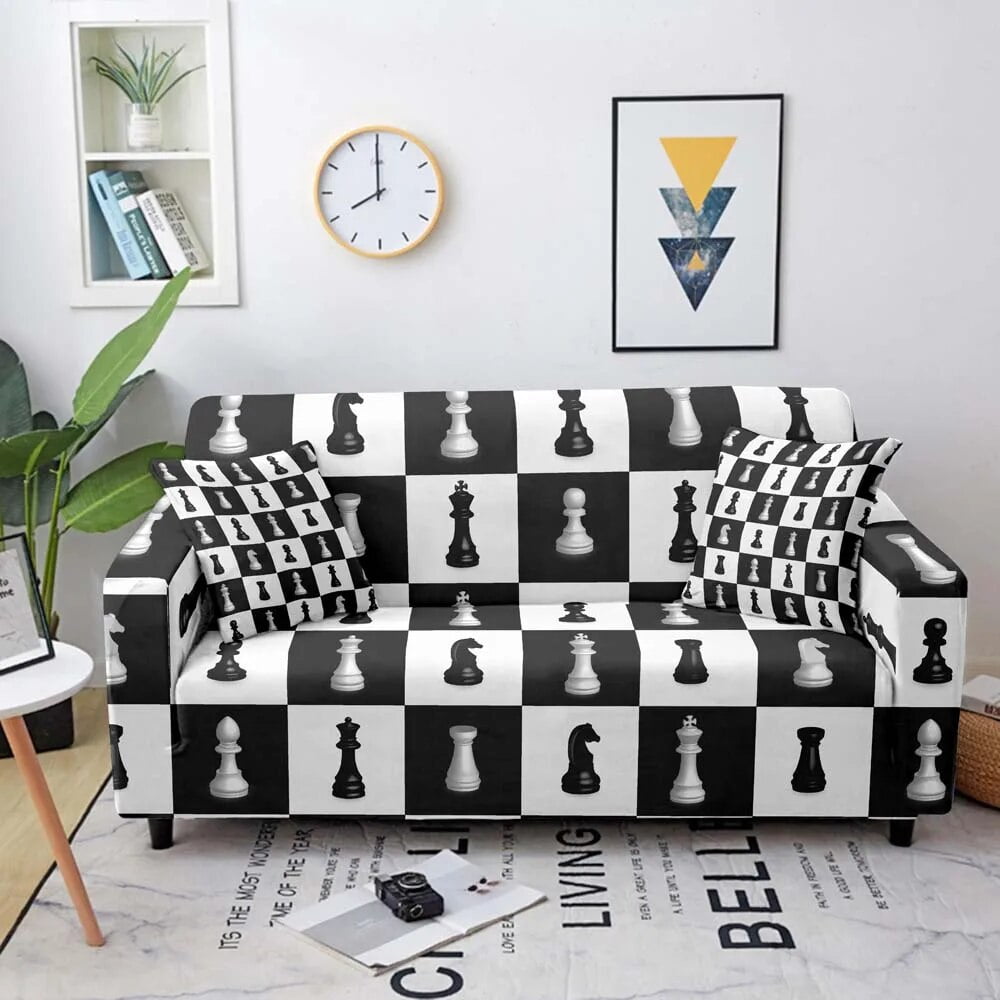 Chess Print Elastic Sofa Cover for Living Room Sofa Slipcover Stretch Corner Sectional Couch ...
