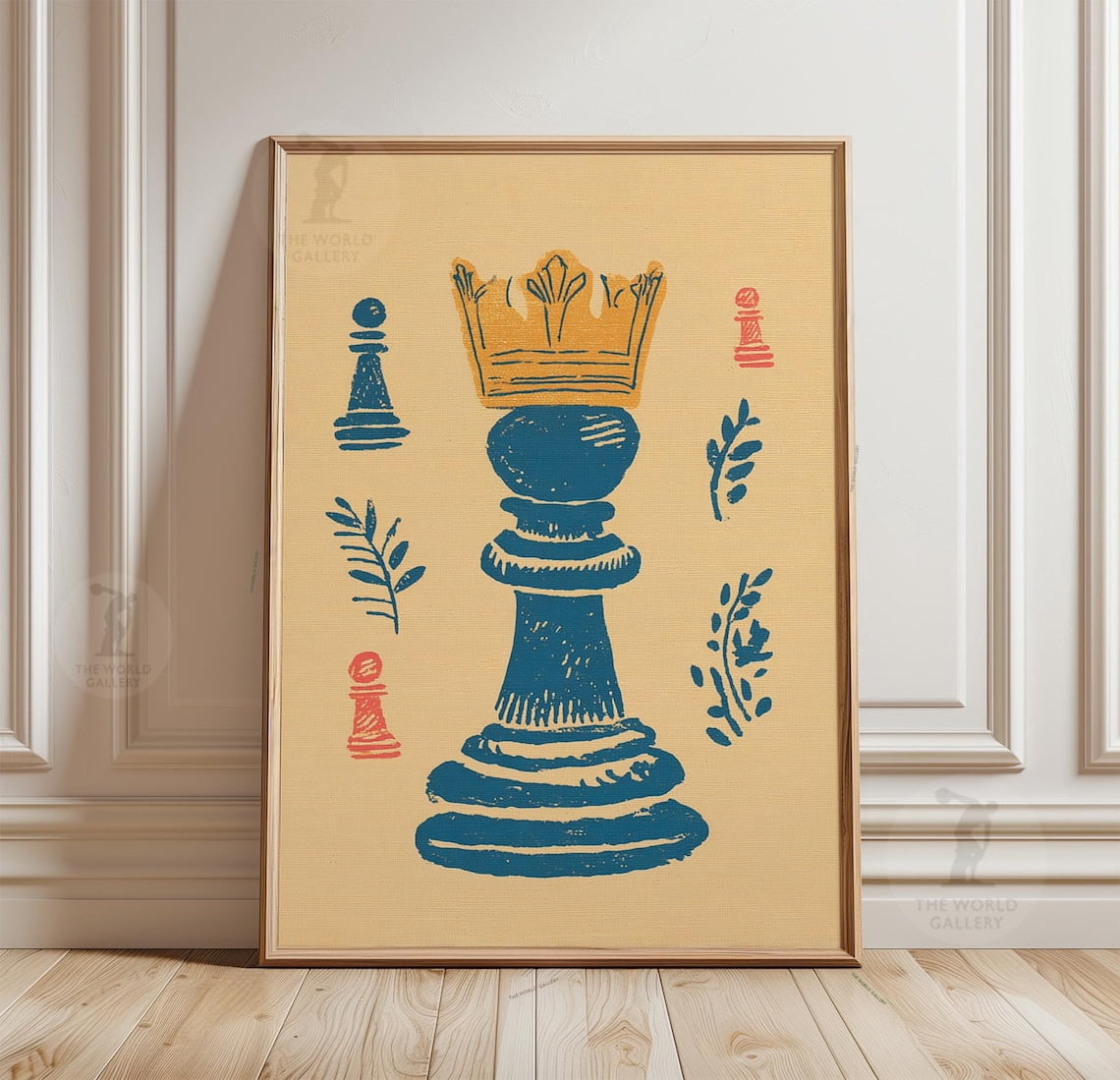 Chess Queen Folk Art Linocut Retro Game Room Decor Cardboard Board ...
