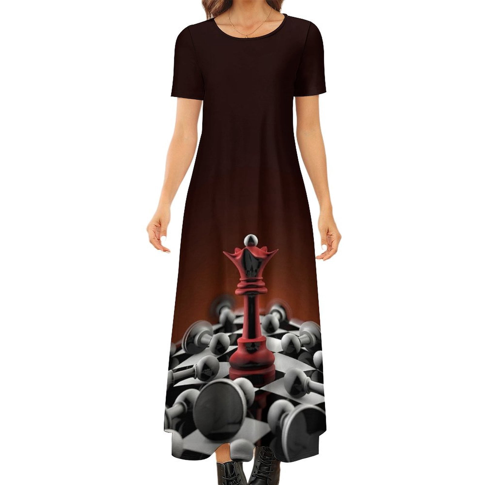 Chess Red Queen Maxi Dress for Women Crew Neck Beach Dress Short Sleeve ...