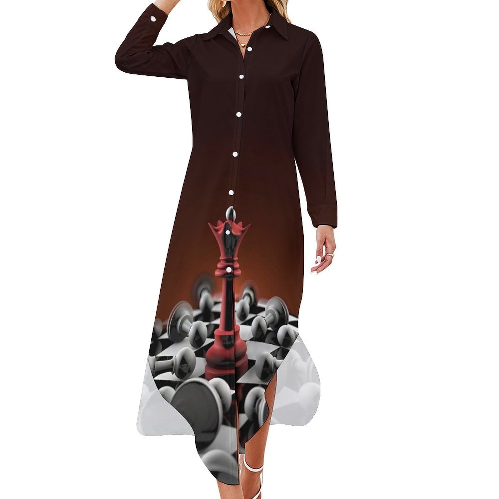 Chess Red Queen Shirt Dress Long Sleeve Street Fashion V Neck Oversized ...