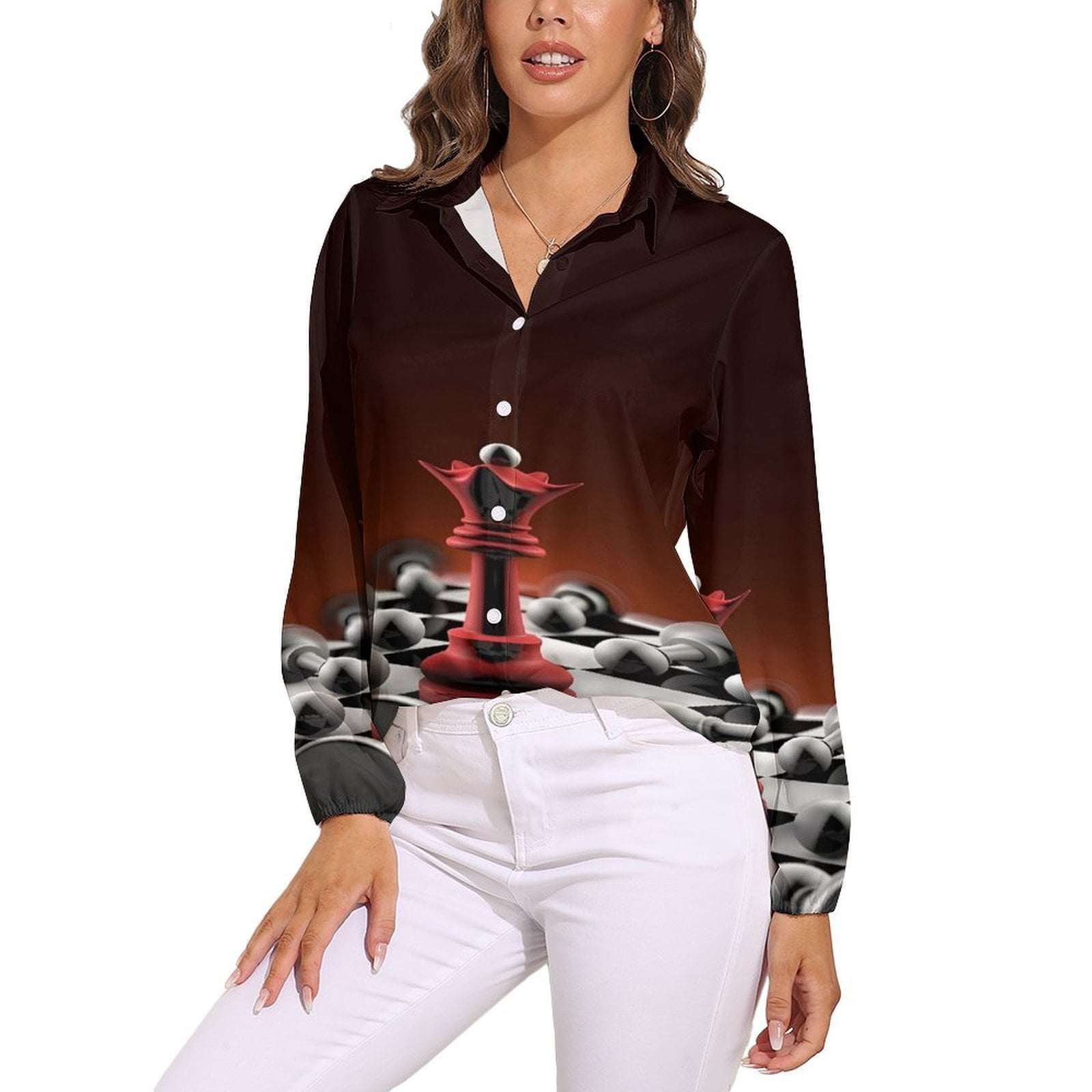 Chess Red Queen Vntage Casual Long Sleeve Shirt Blouse Woman Streetwear ...