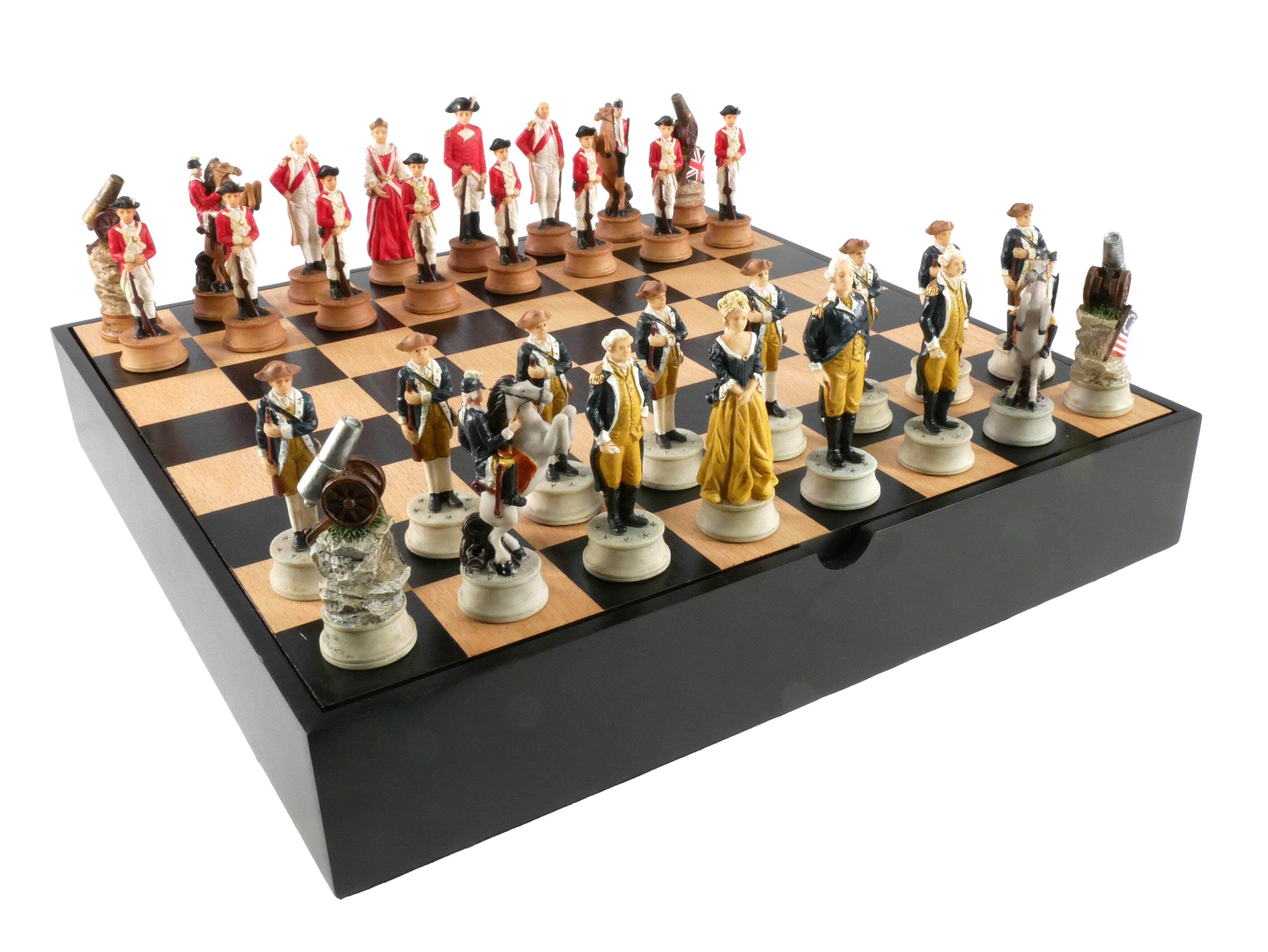 Chess Set - American Revolution Resin Chessmen on Black/Maple Chest ...