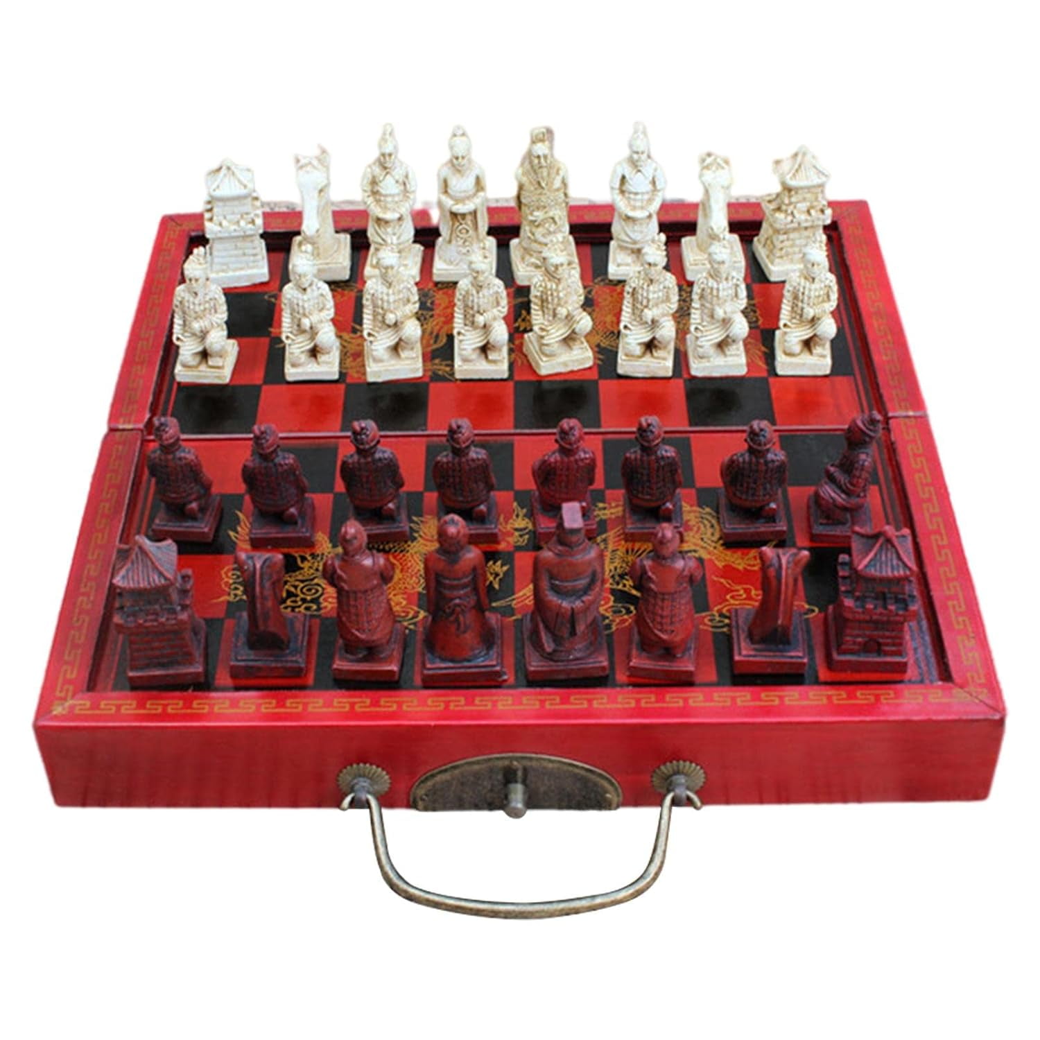 Chess Set Wooden Folding Chess Board 32 Resin Carved Chessman Board ...