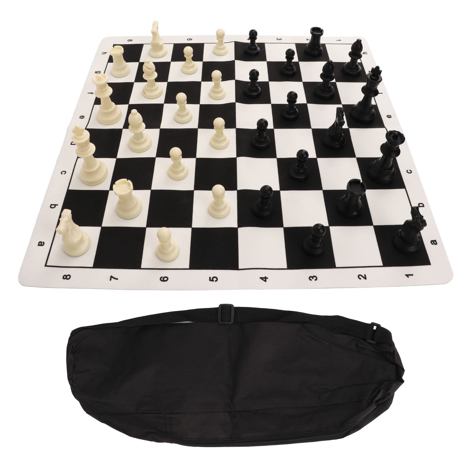 Chess Set with Zipper Back Bag Portable Faux Leather Black and White ...