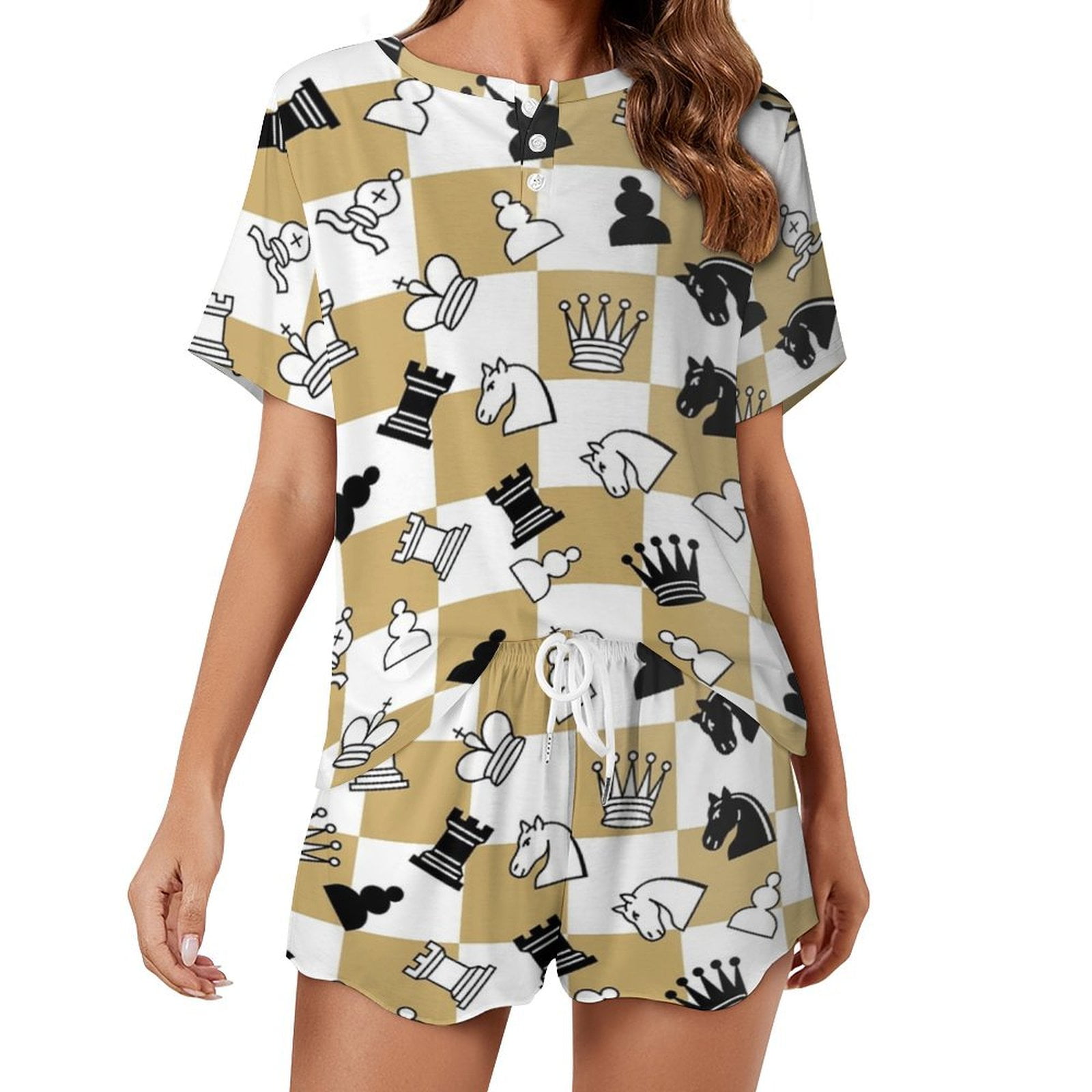 Chess Women's Loungewear Set 2 Piece Casual Shorts Short Sleeve Pajama ...