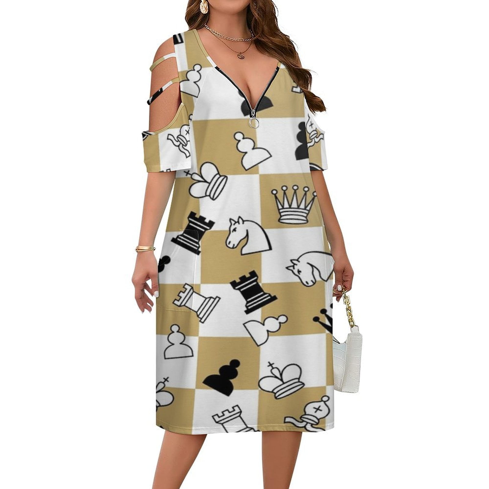 Chess Zipper V Neck Short Sleeve Dress Women Dress Summer Casual ...