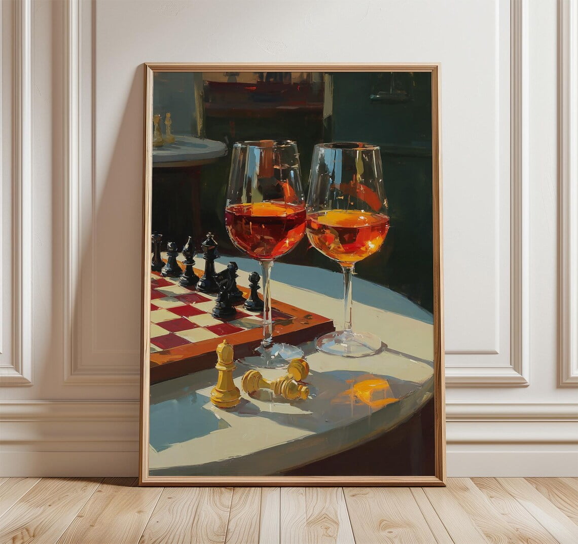 Chess and Wine Poster Painterly Art Warm Still Life Wall Art Decor ...