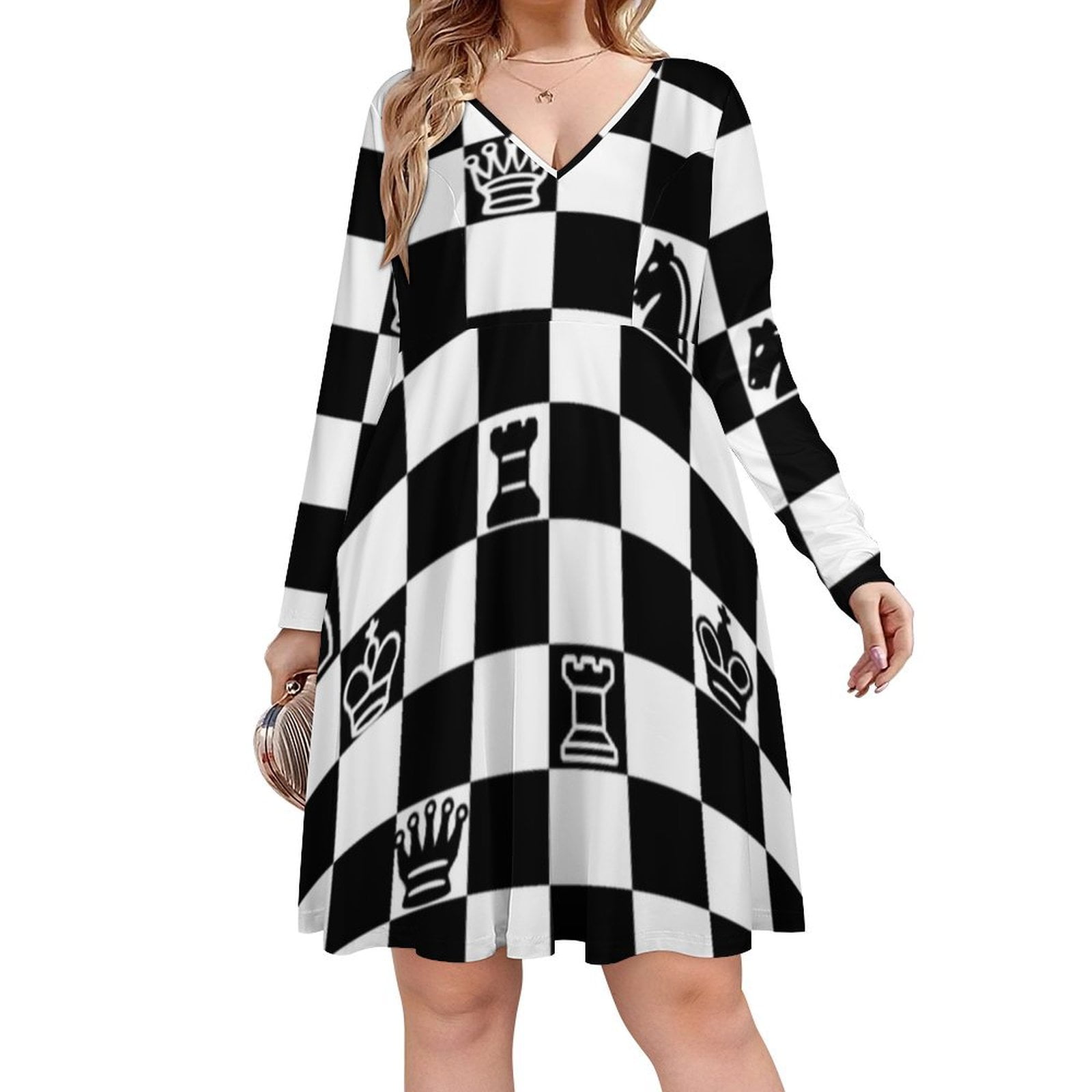 Chessboard Long Sleeve Dresses For Women Vintage Elegant Party Dress ...