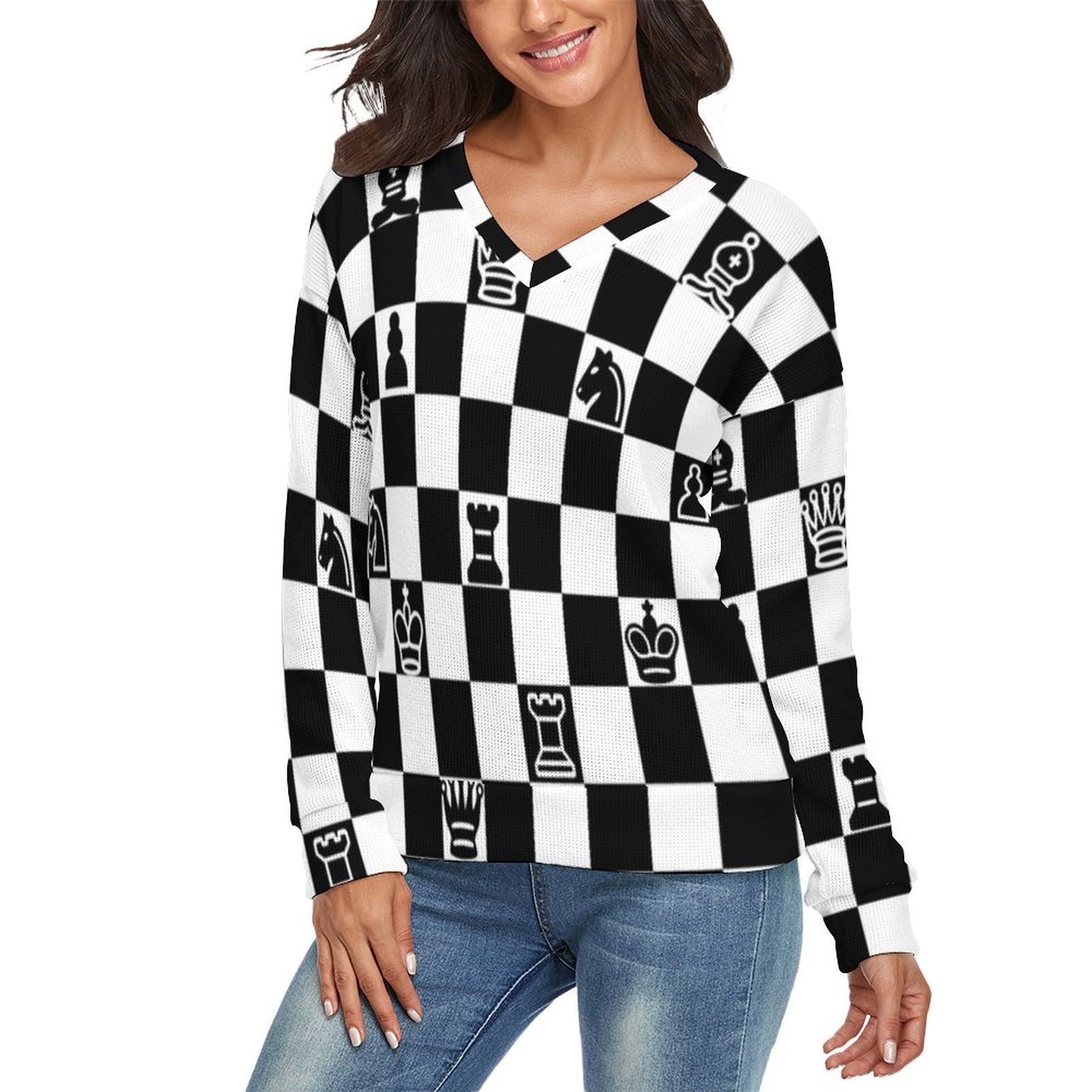 Chessboard V-neck Sweater Winter Clothes Long Sleeve Knitwear Sweater ...