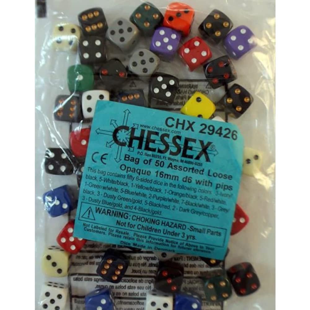 Chessex 29426 Assorted Loose Opaque 16mm D6 Dice, Bag of 50, Multicolor ...