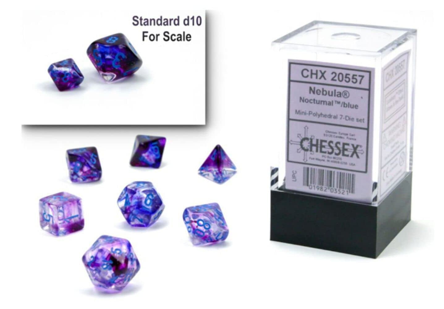 Chessex Dice Set – 10mm Nebula Nocturnal/Blue Luminary Polyhedral Dice ...