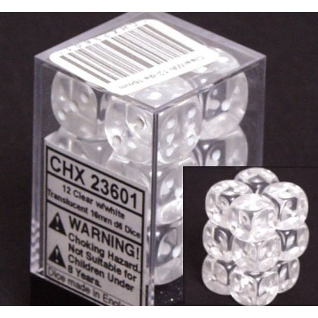 Chessex Dice d6 Sets: Clear with White Translucent - 16mm Six Sided Die ...