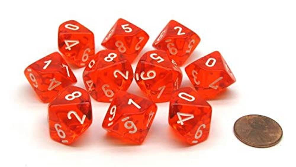 Orange Translucent Dice with White Numbers D10 Aprox 16mm (5/8in) Set ...