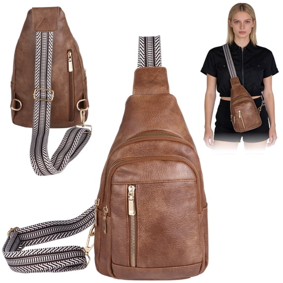 Chest Bag for Women Men, Deep Brown PU Leather Sling Bag with ...