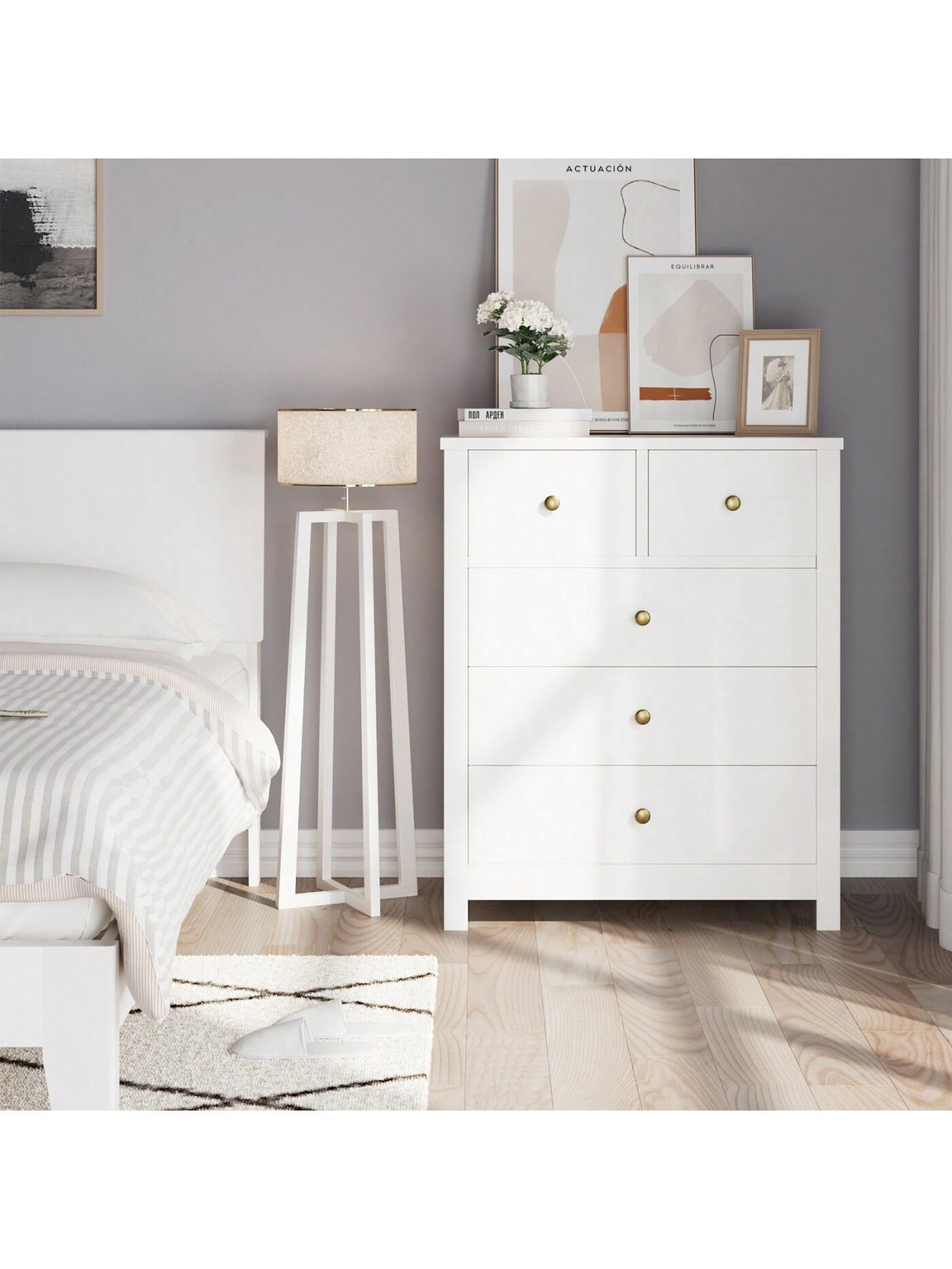 Chest Of Drawers With 5 Drawers, Wood Dresser Organizer With Metal ...