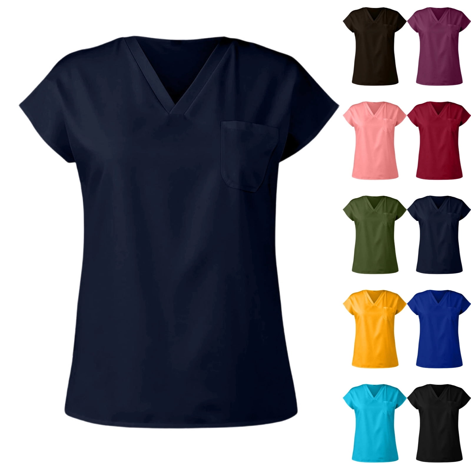 Chest Pocket Scrub Top for Women V Neck Short Sleeve Single Chest ...