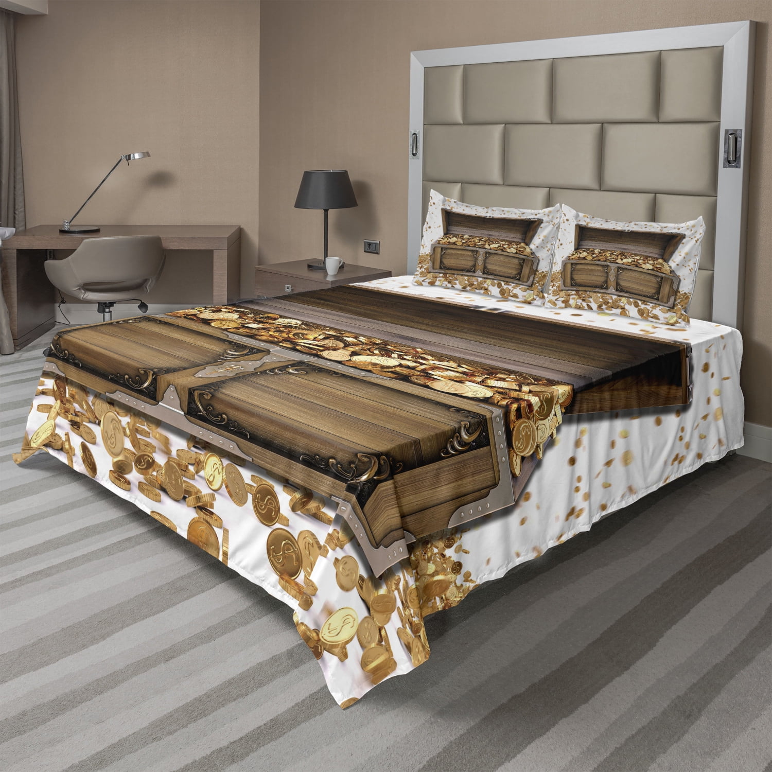 Chest Sheet Set, Wealth Themed Gold Coins Queens Ransom Wooden Box ...