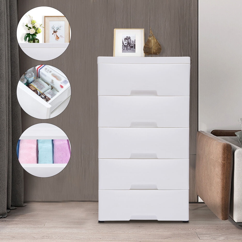 Chest of 5 Drawers Plastic Stackable Drawer Tower White Dresser Clothes ...