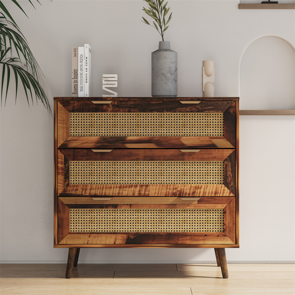 Chest of Drawers, Dresser with 3 Drawer, Bohemian Style Rattan Dresser ...