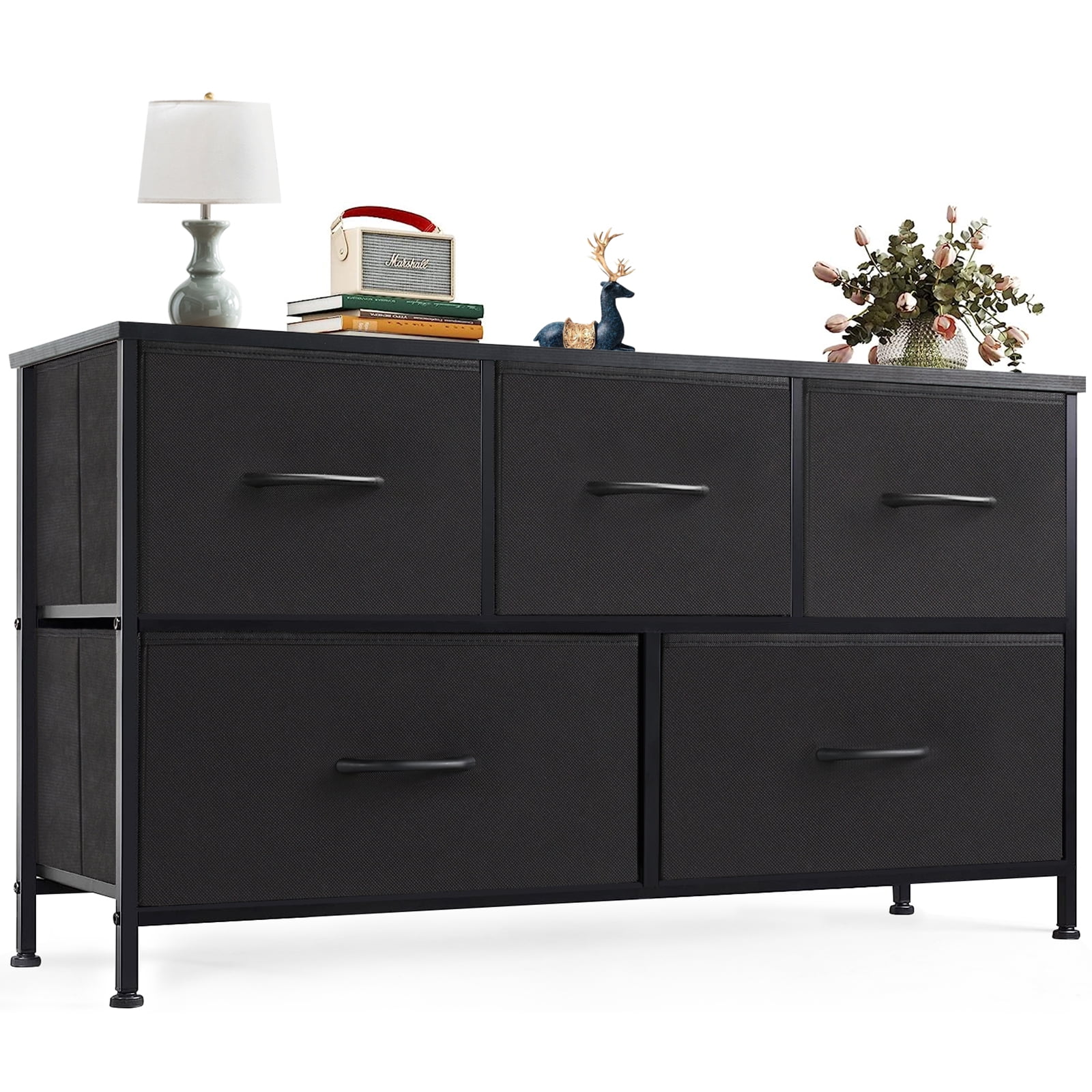 Tall Black Dresser with Large Wide Drawers, Fabric Bins Organizer ...