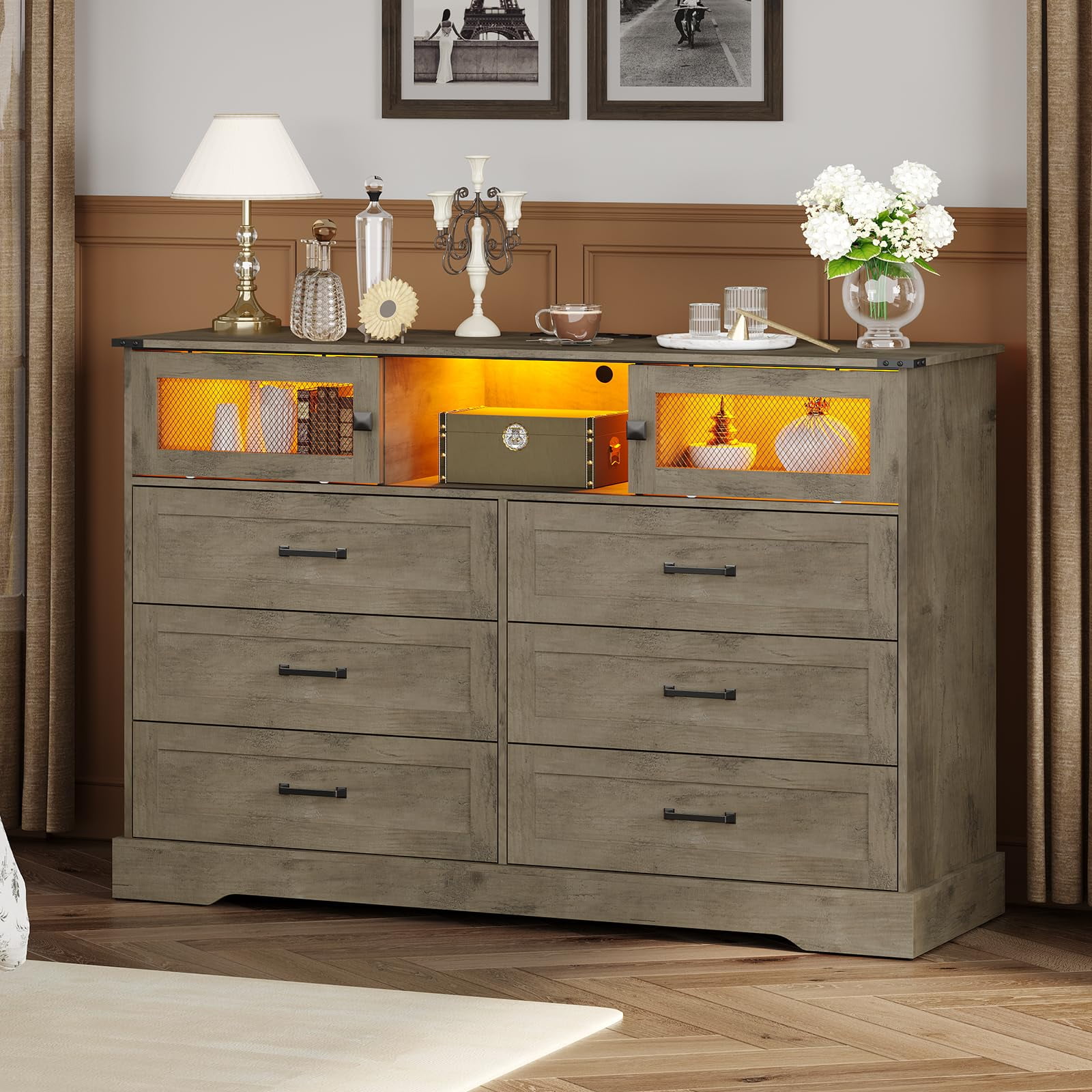 High-Quality Home Good: Modern Gray 6-Drawer Dresser with LED Lights ...