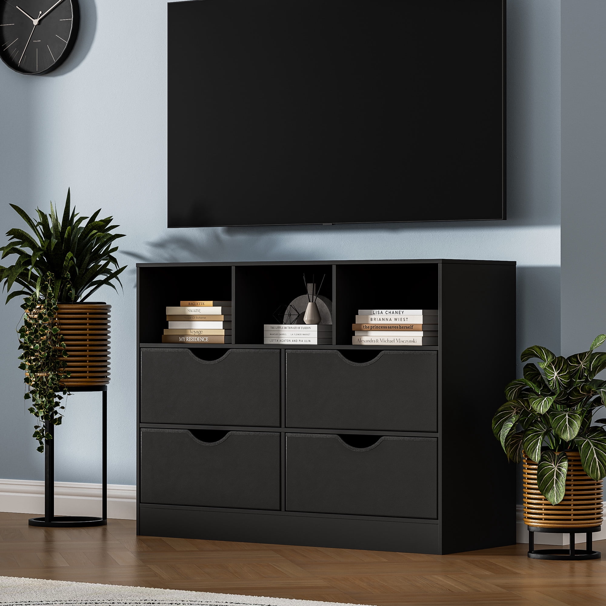 Chest of Drawers with Open Cube, 4 Drawers Dresser, Fabric PU Closet ...