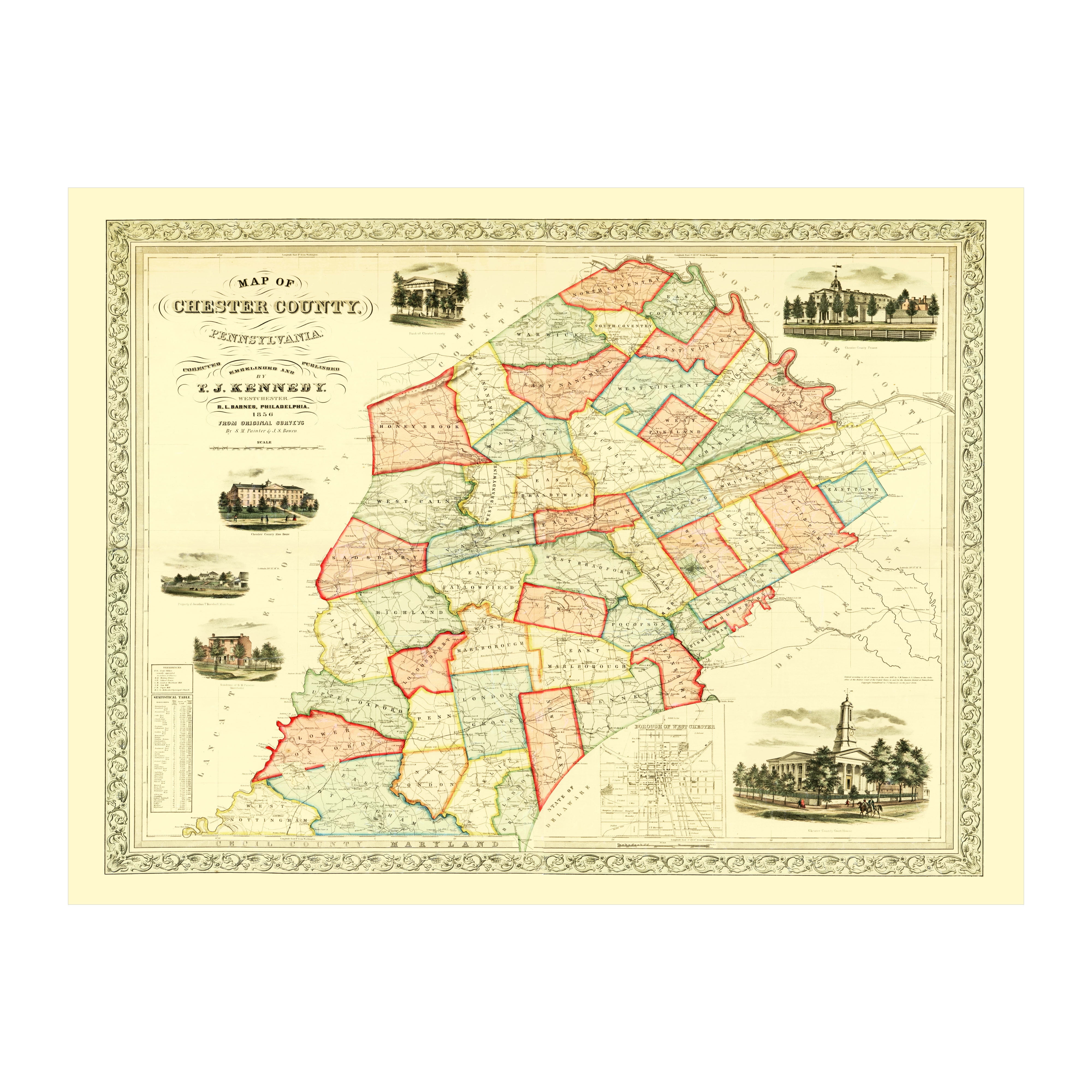 Chester County Pennsylvania Art, 1856 Vintage Map of Chester County PA ...