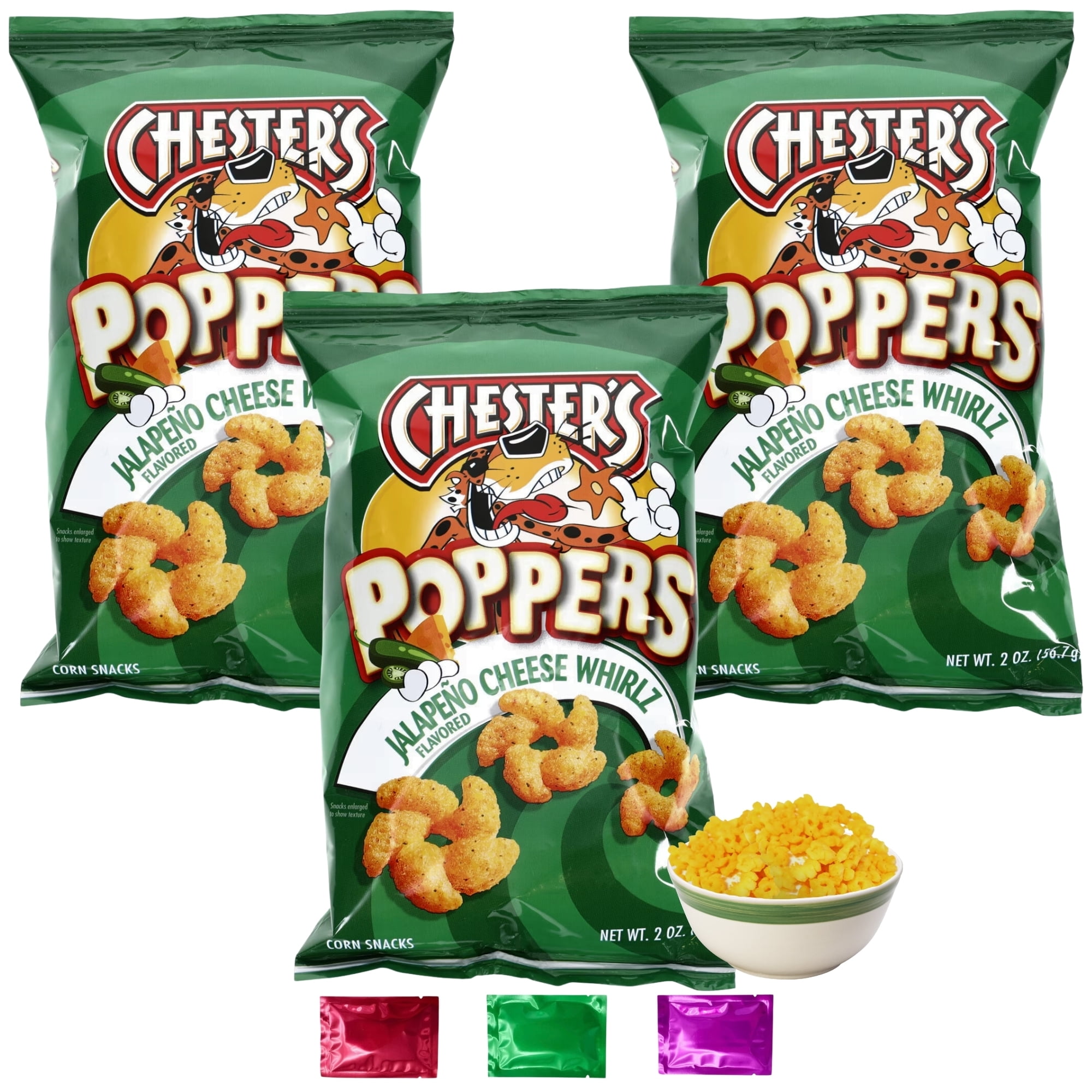 Chester's Poppers Jalapeno Cheese Whirls, Spicy Cheesy Corn Snacks, 2 oz, 3 Packs - Walmart.com