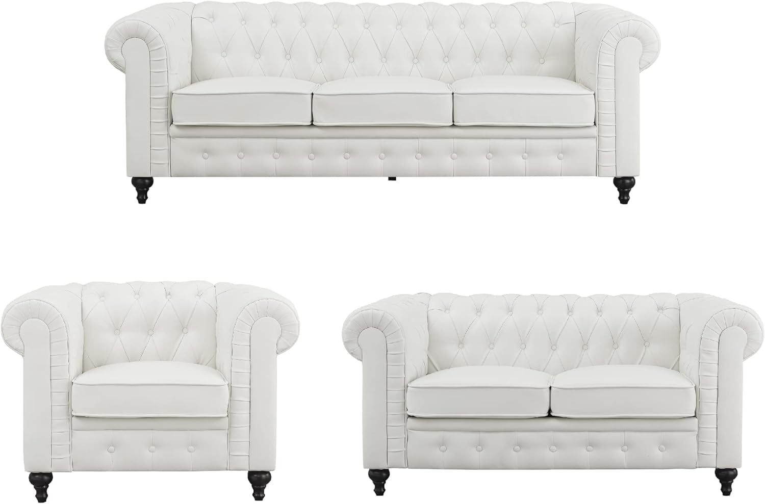 Chesterfield 3 Piece Living Room Sectional Sofa Set with Rolled Arms ...