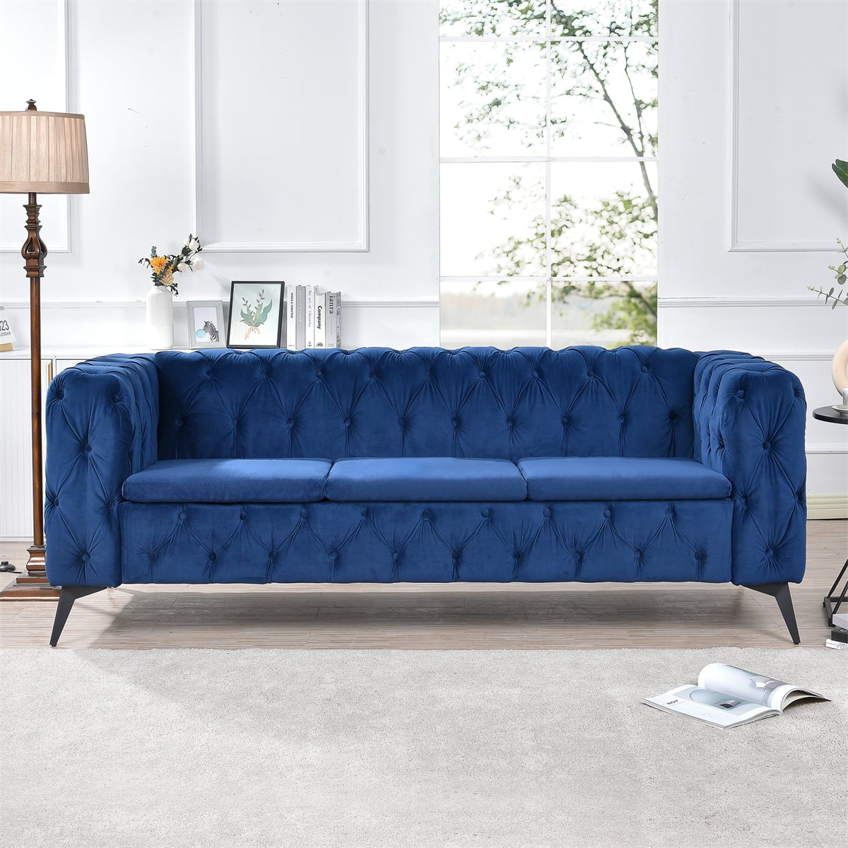 Chesterfield 3 Seater Couch,Classic Linen Fabric Sofa,Upholstered 3 ...