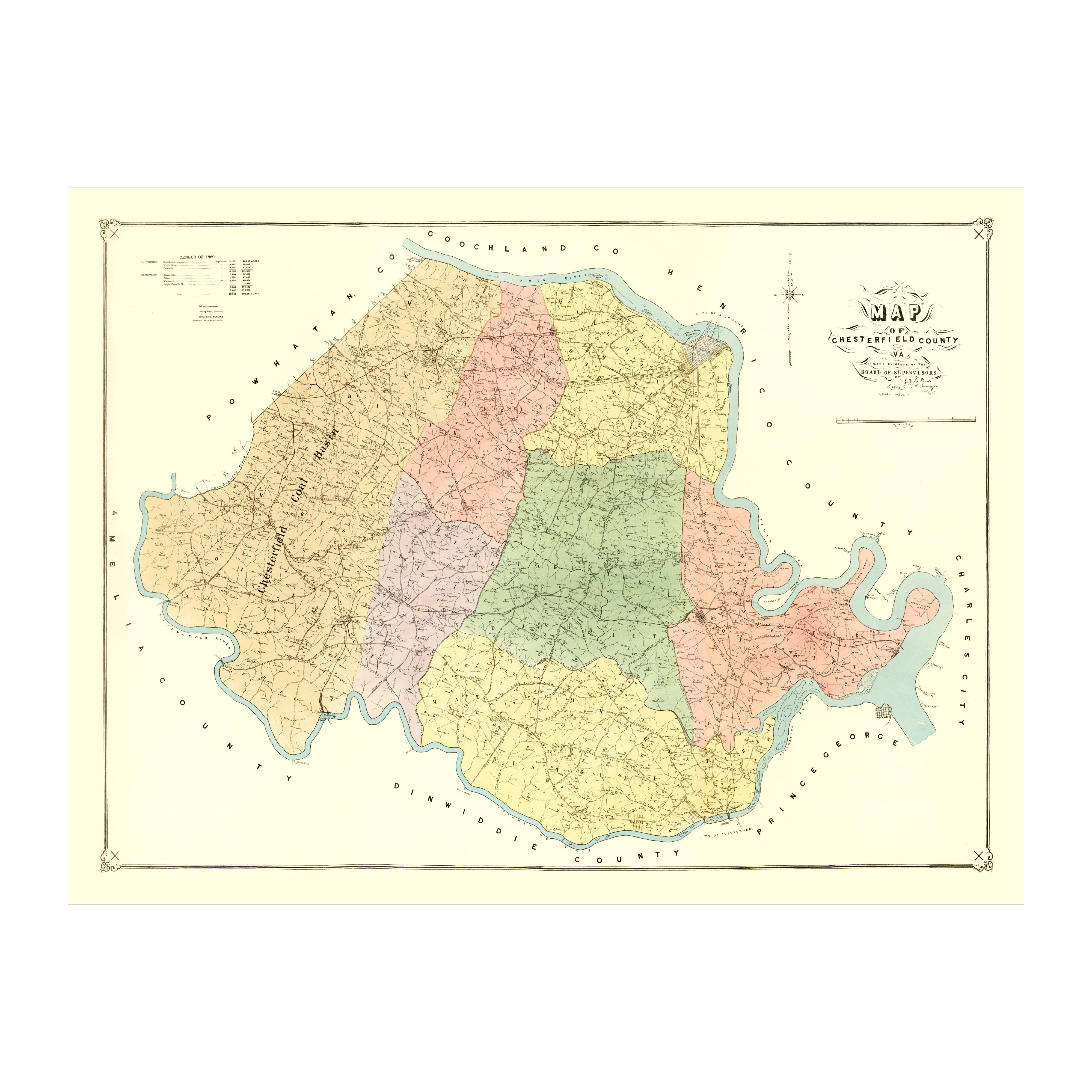 Chesterfield County Virginia Art, 1888 Vintage Map of Chesterfield ...