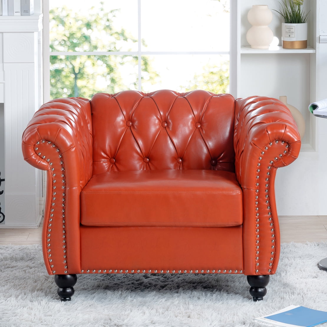 Chesterfield PU Single Sofa, Modern Tufted 1 Seater Sofa with Rolled ...