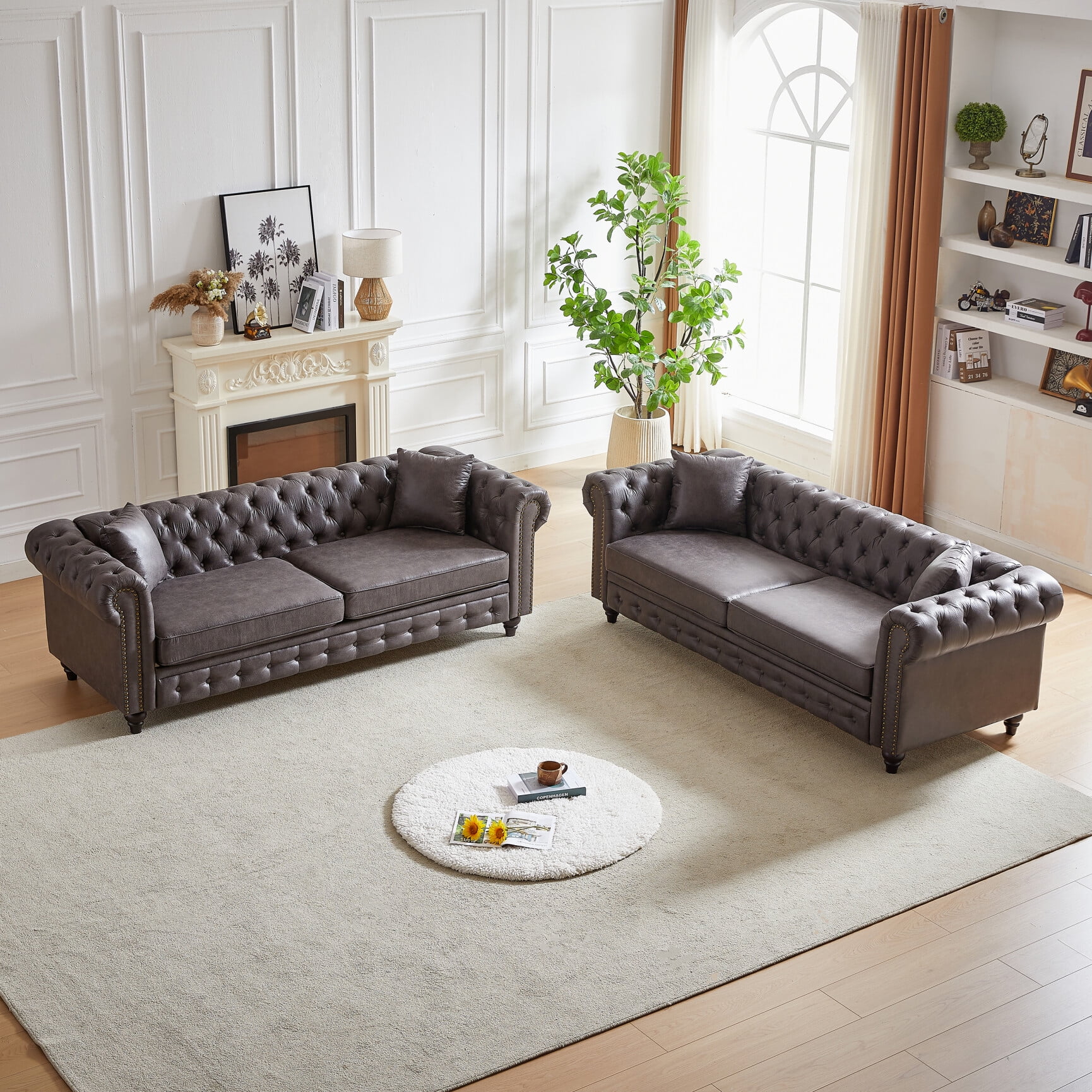 Chesterfield Sectional Sofa Set, 2-Piece Rolled Arms & Button-Tufted ...