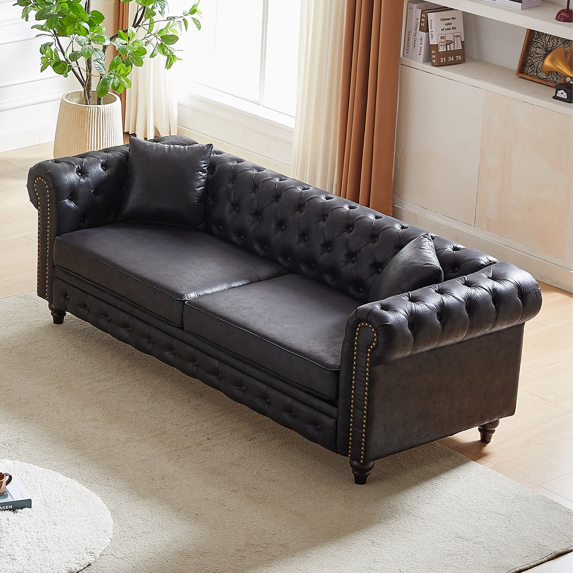 Chesterfield Sofa, Retro Style Upholstered Tufted Button Couch 3 Seater with Rolled Arms and ...