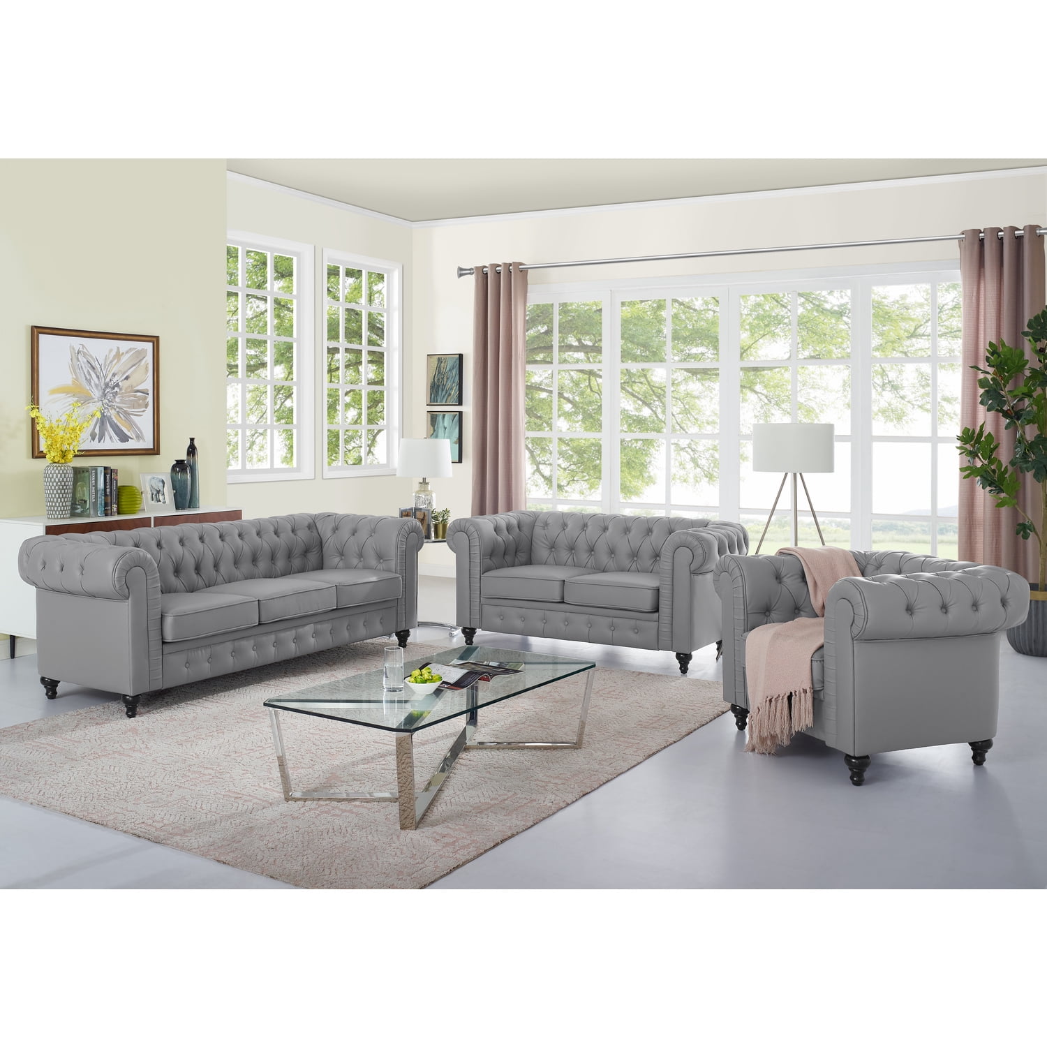 Naomi Home 3 Piece Modern Chesterfield Living Room Furniture Set Gray Walmart